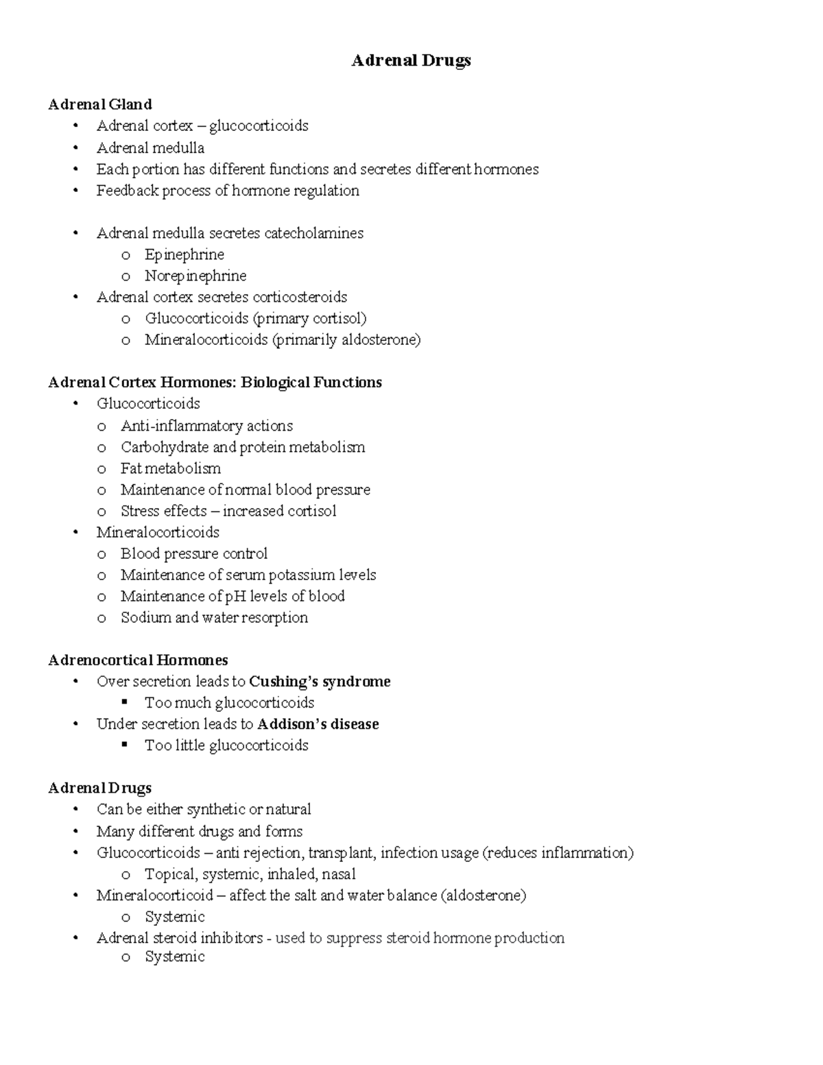 Pharmacology II - notes - Adrenal Drugs Adrenal Gland - Adrenal cortex ...