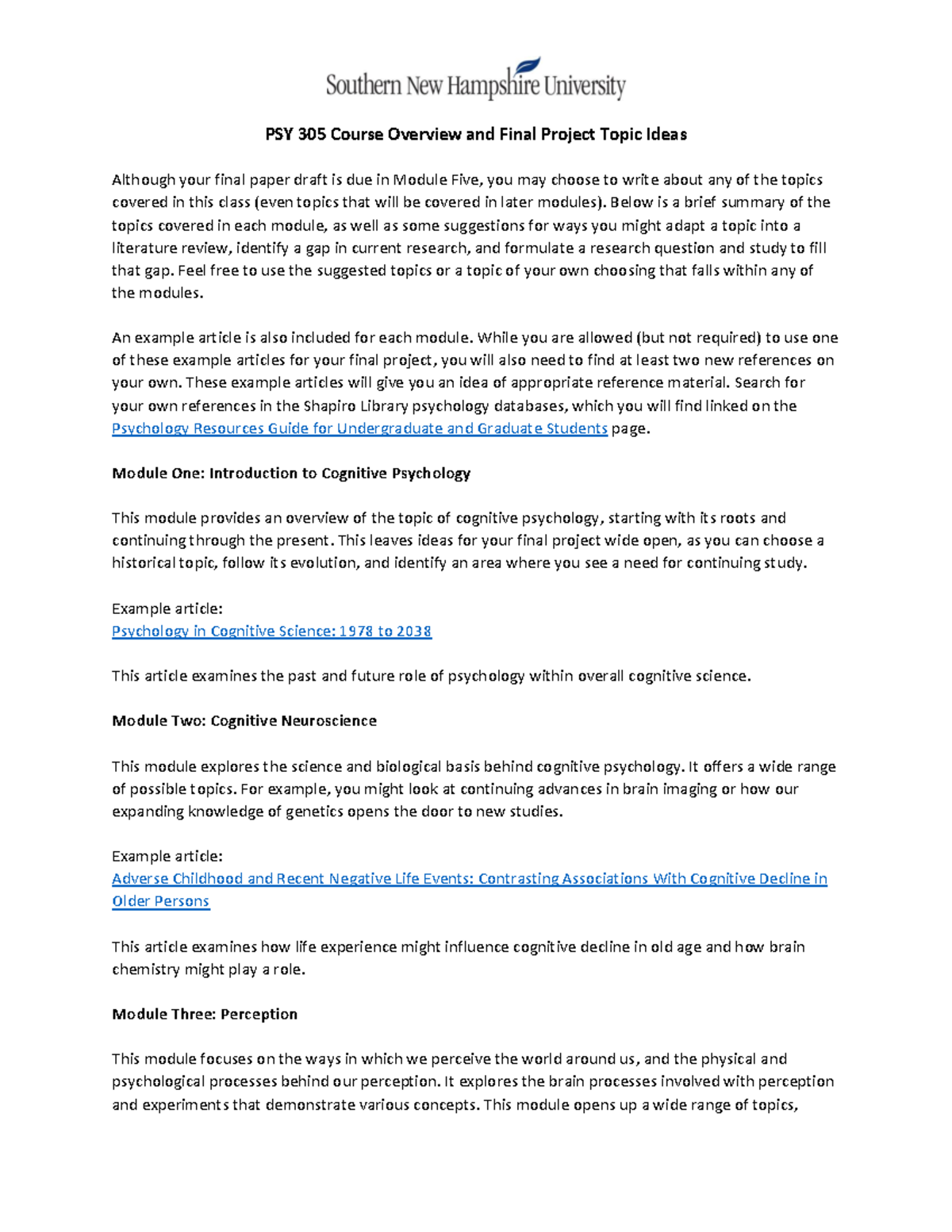 Psy 305 Course Overview And Final Project Topic Ideas Psy 305 Course Overview And Final