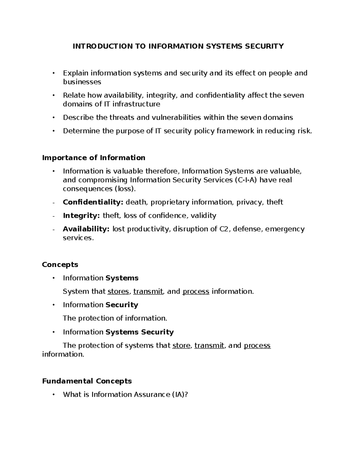 Introduction TO Information Systems Security - INTRODUCTION TO ...