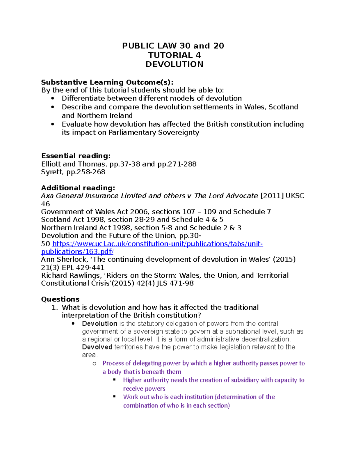 Tutorial 4 - PUBLIC LAW 30 and 20 TUTORIAL 4 DEVOLUTION Substantive Learning Outcome(s): the end ...