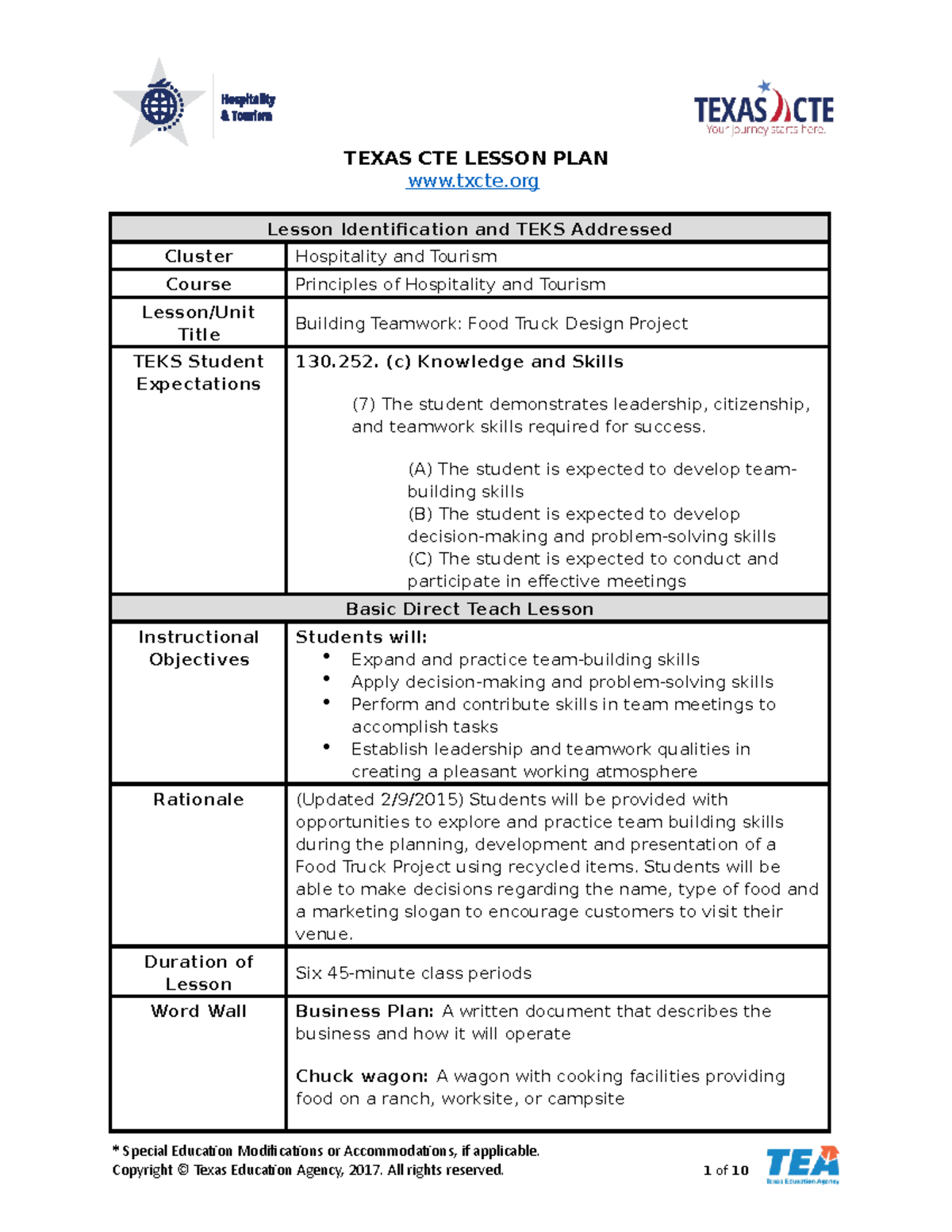 Lesson Plan Building Teamwork-Food Truck Design Project - TEXAS CTE ...