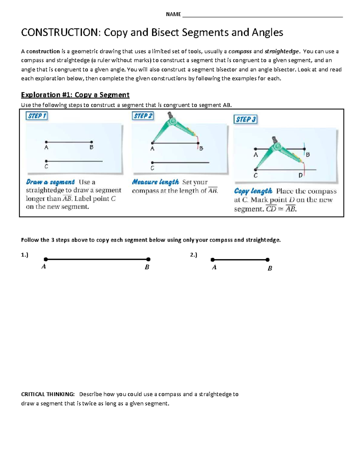 Construction: Segments and Angles - NAME