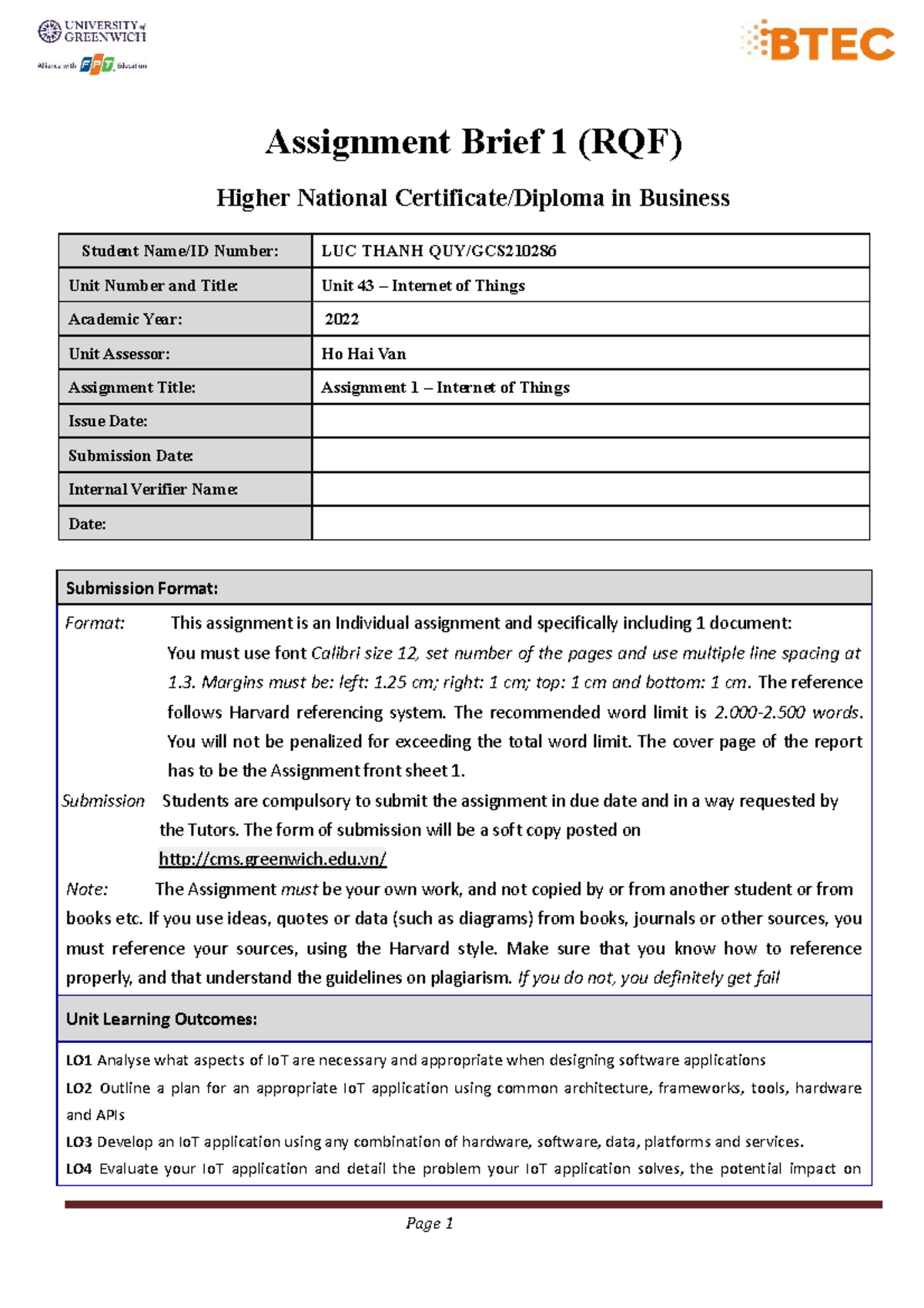 1 43-Io T.Assignment brief 1 2022 - Assignment Brief 1 (RQF) Higher National Certificate/Diploma ...
