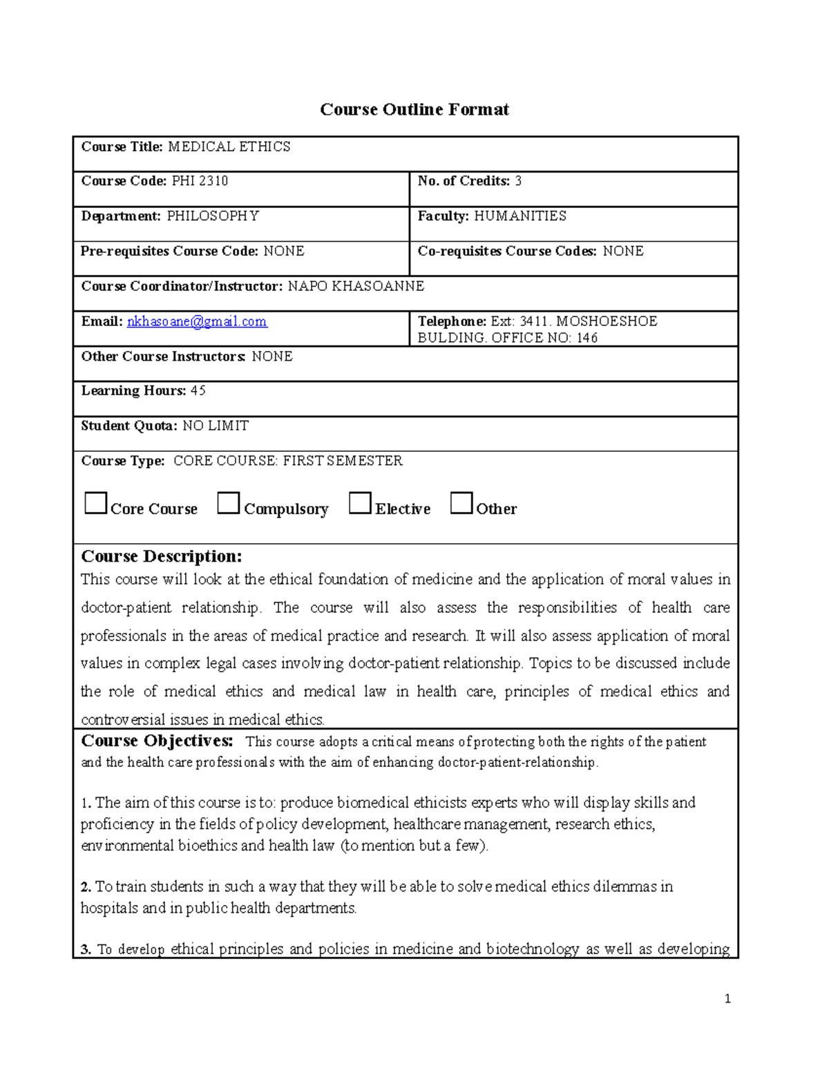 PHI 2310 Course Outline - Course Outline Format Course Title: MEDICAL ...