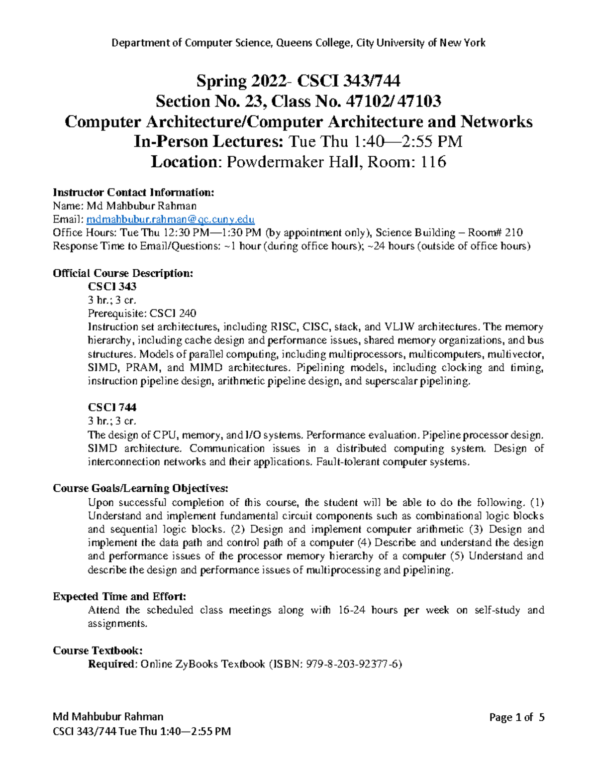 CSCI 343-744-23-Syllabus for spring - Md Mahbubur Rahman Page 1 of 5 ...