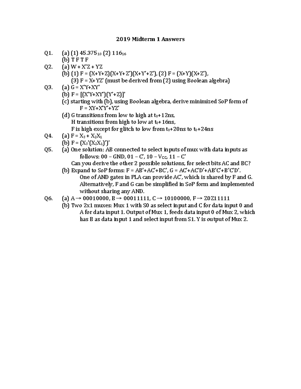 Midterm 2018, answers - 2019 Midterm 1 Answers Q1. (a) (1) 45 10 (2 ...