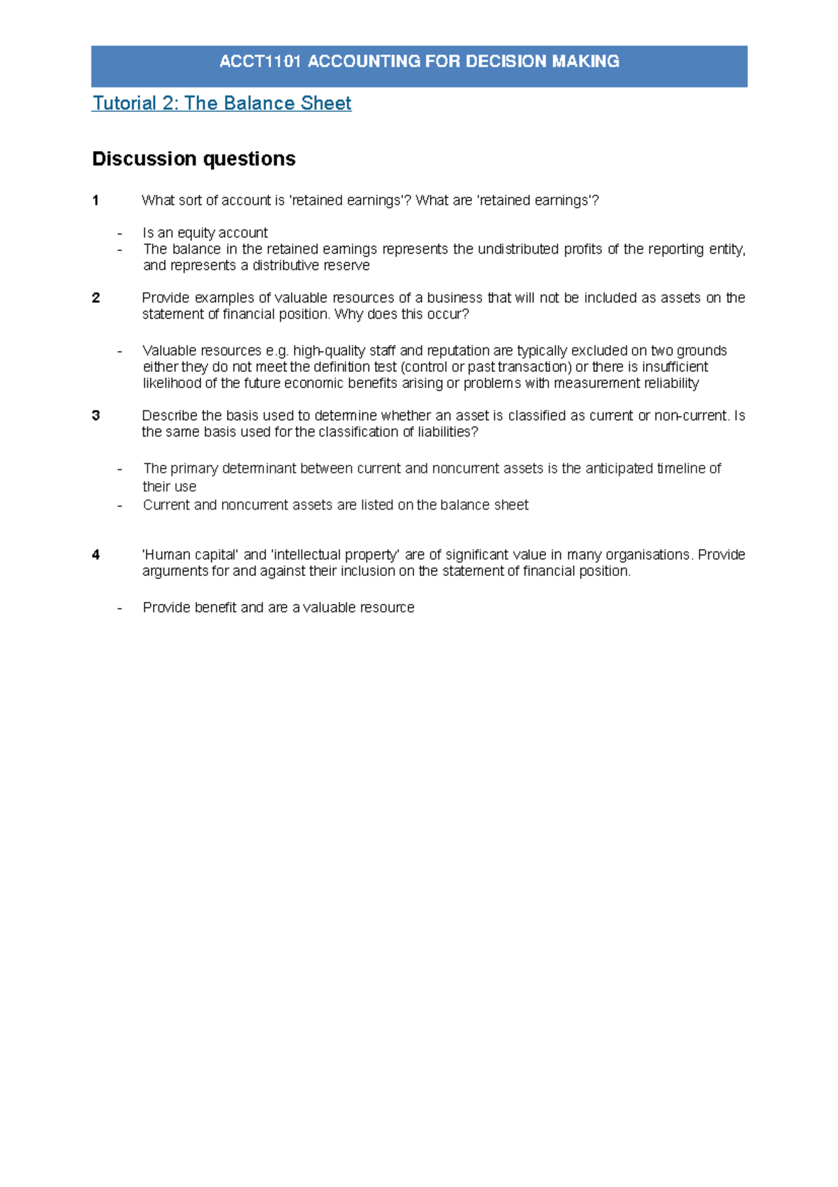 Tutorial 2 Questions Answers - Tutorial 2: The Balance Sheet Discussion ...