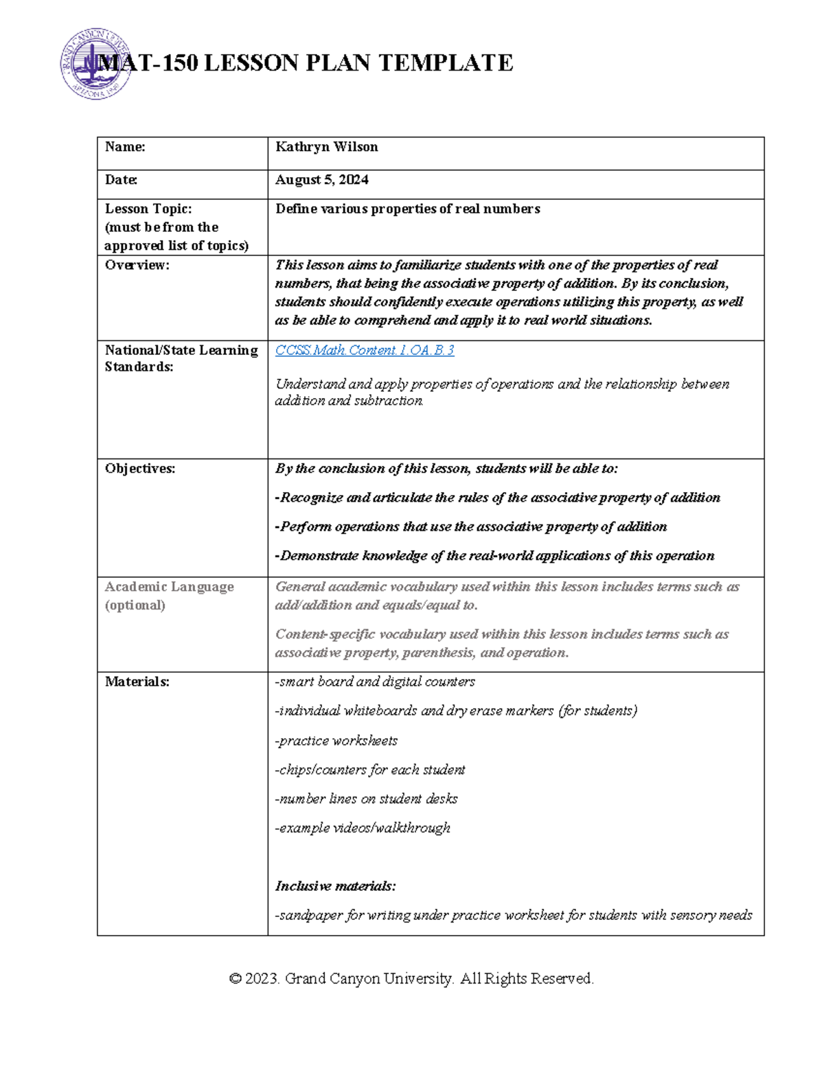 MAT-150 Lesson Plan Project 1 - MAT-150 LESSON PLAN TEMPLATE Name ...