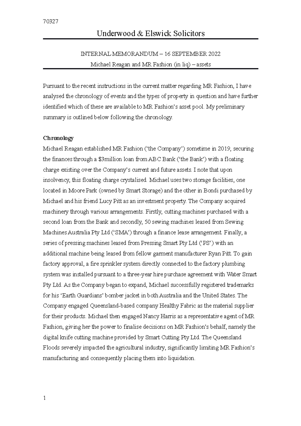 70327 Assessment 2 - Solicitor File Note-1 - Underwood & Elswick ...