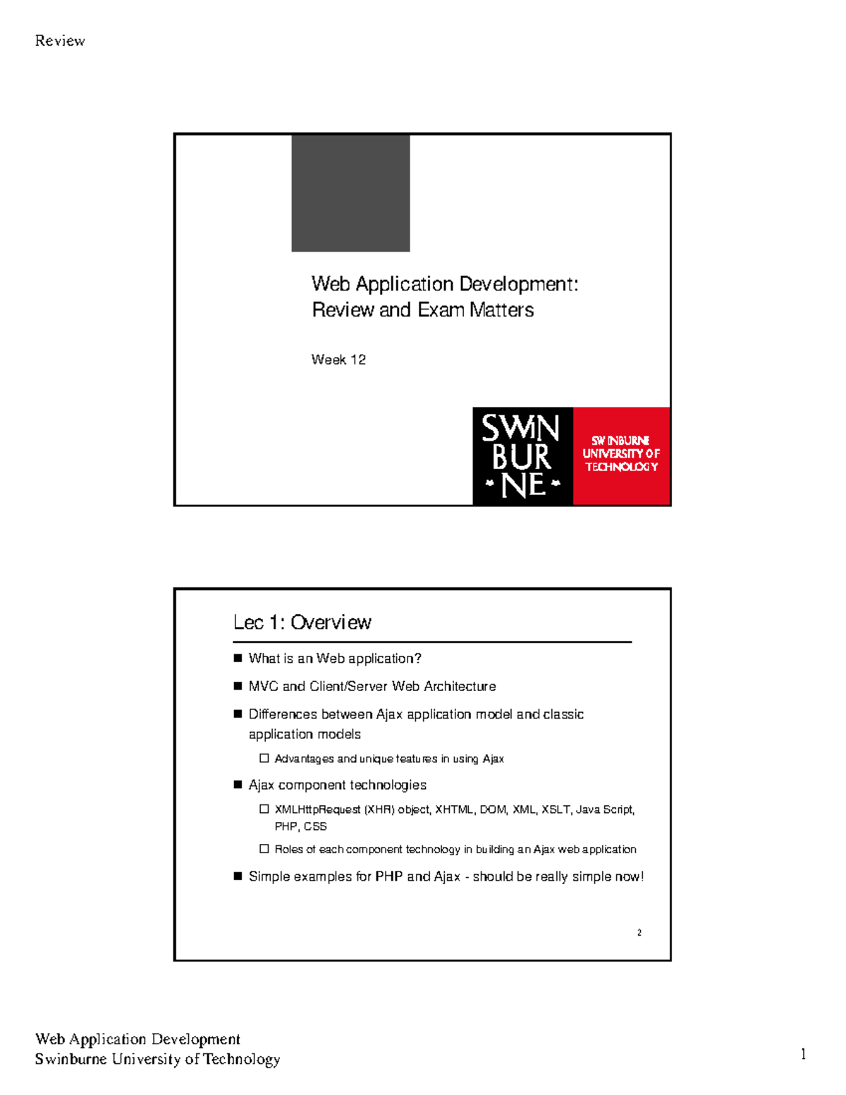 Review - Lecture notes 12 - 1 Web Application Development Web ...