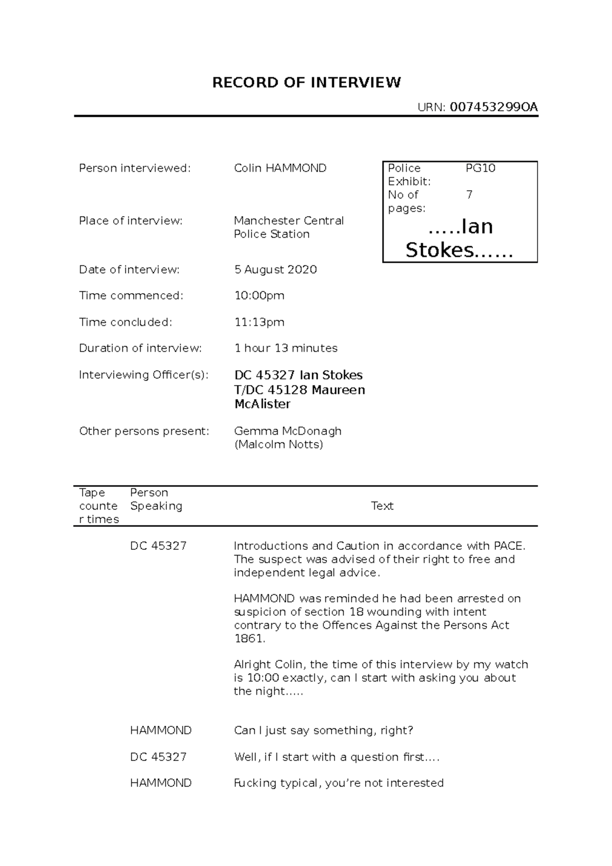 Record of taped interview- Colin - RECORD OF INTERVIEW URN: 007453299OA ...