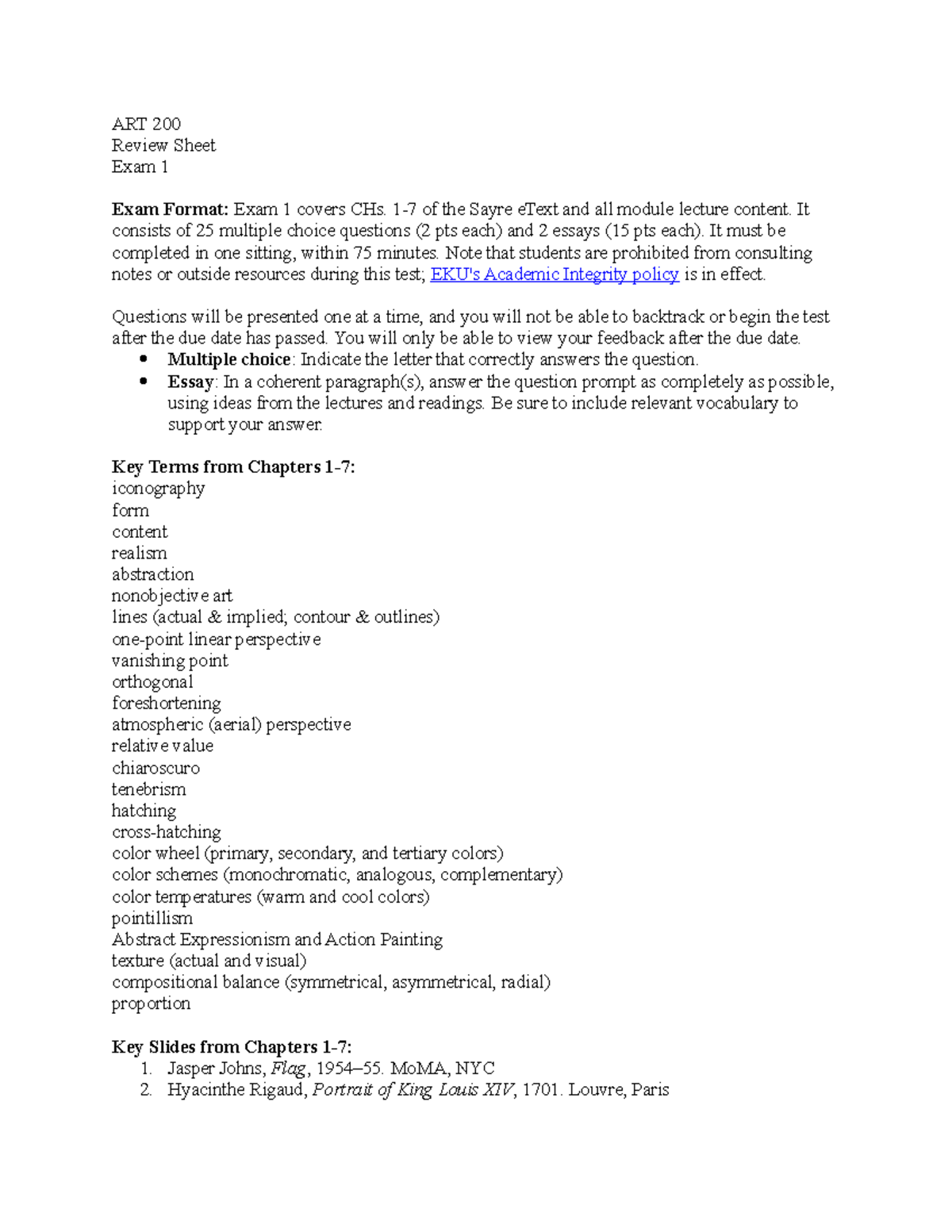 ART 200 Exam 1 Review Sheet - ART 200 Review Sheet Exam 1 Exam Format ...