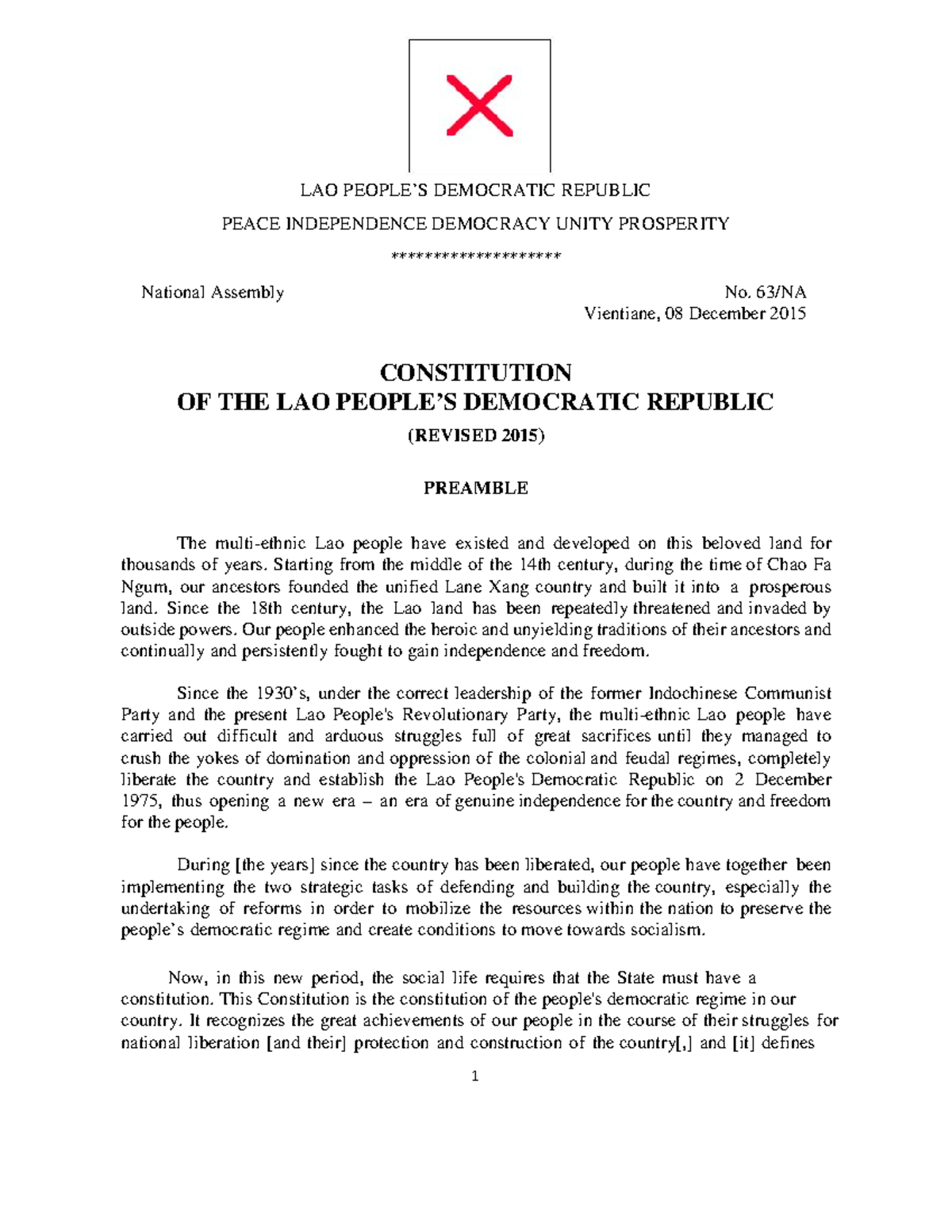 Lao-constitution-2015 - LAO PEOPLE’S DEMOCRATIC REPUBLIC PEACE INDEPENDENCE DEMOCRACY UNITY ...
