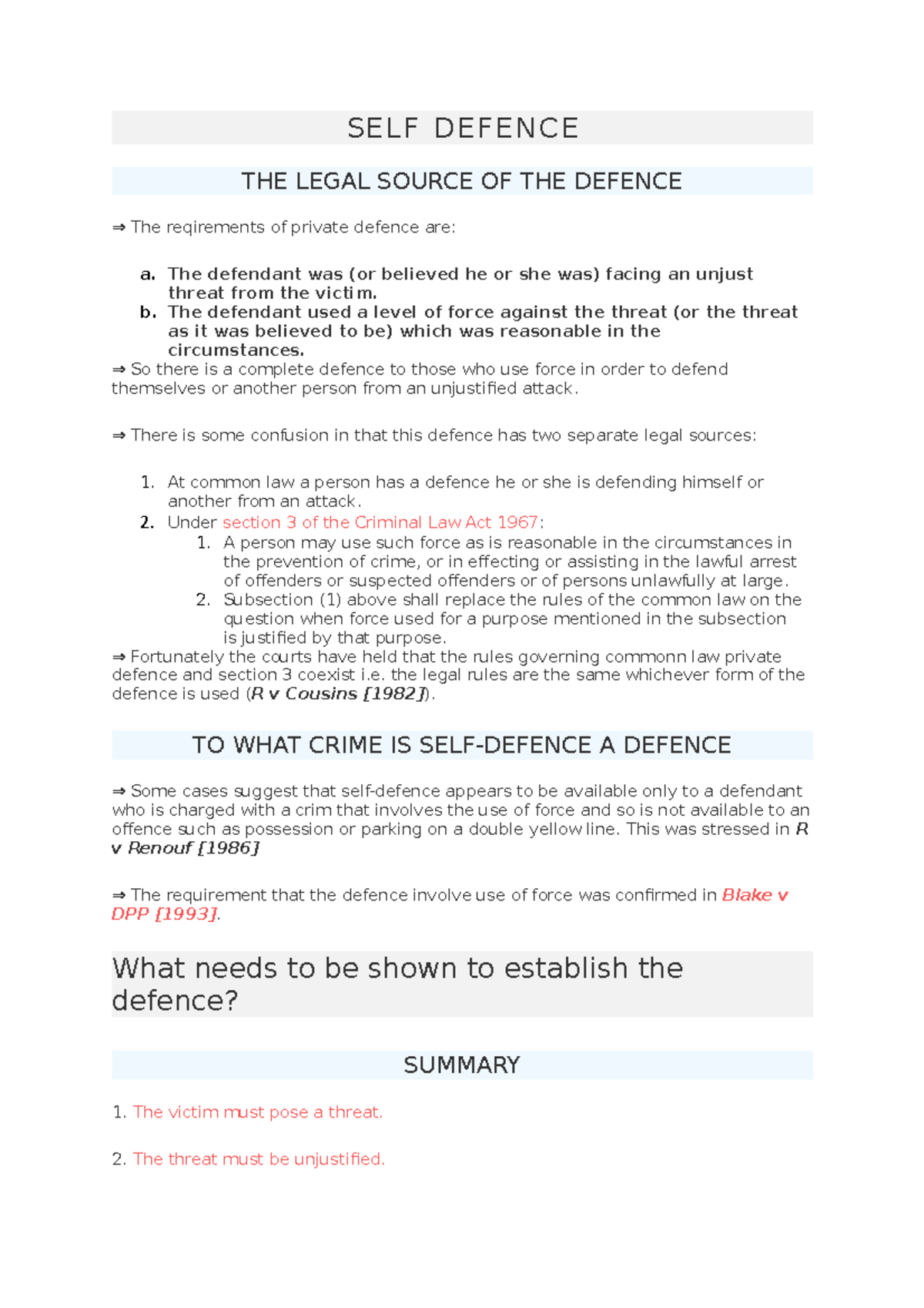 Criminal law 1 - SELF DEFENCE - SELF DEFENCE THE LEGAL SOURCE OF THE ...