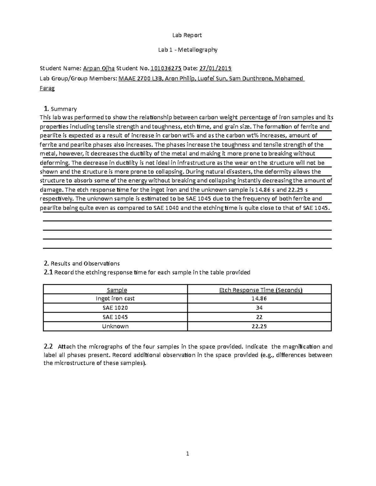 MAAE2700 Lab 01 - Lab Report Lab 1 ‐ Metallography Student Name: Arpan Ojha Student No ...