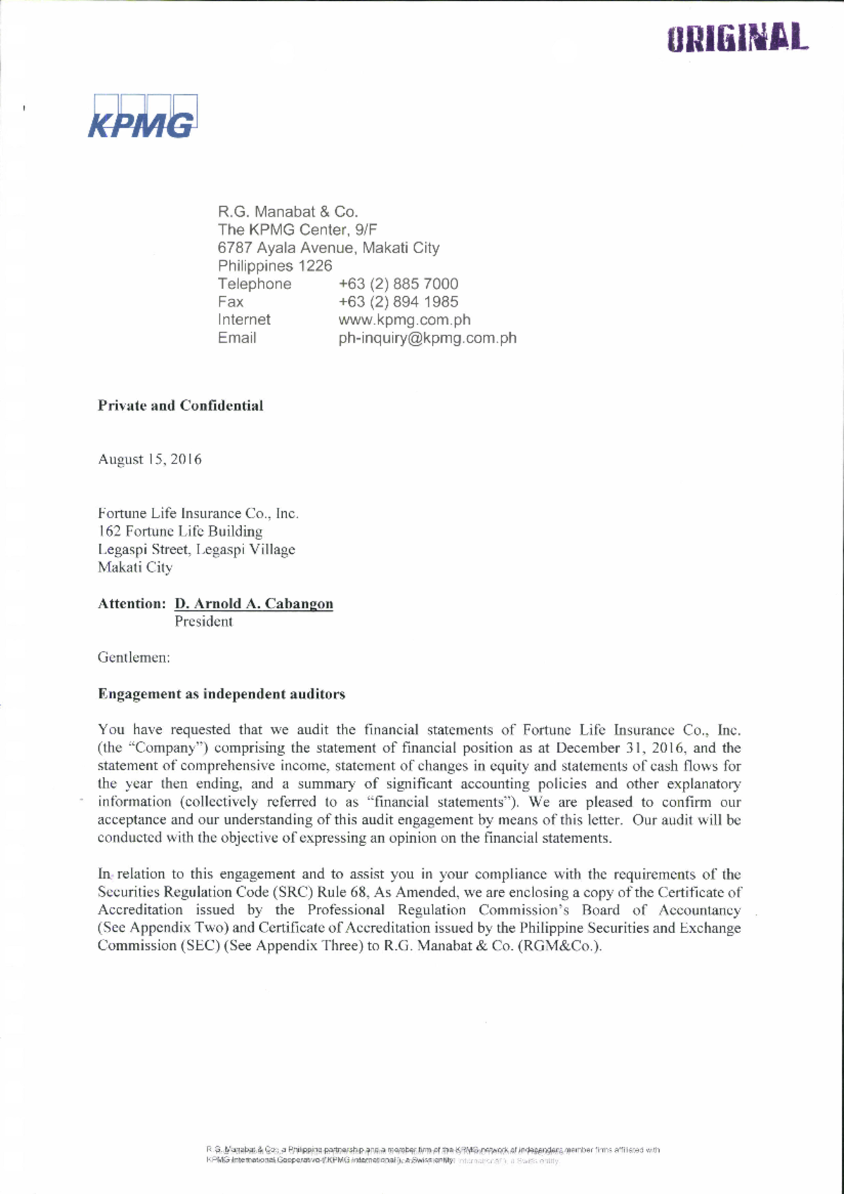 KPMGs Engagement Letter - Bachelor of Science in Accountancy - Studocu