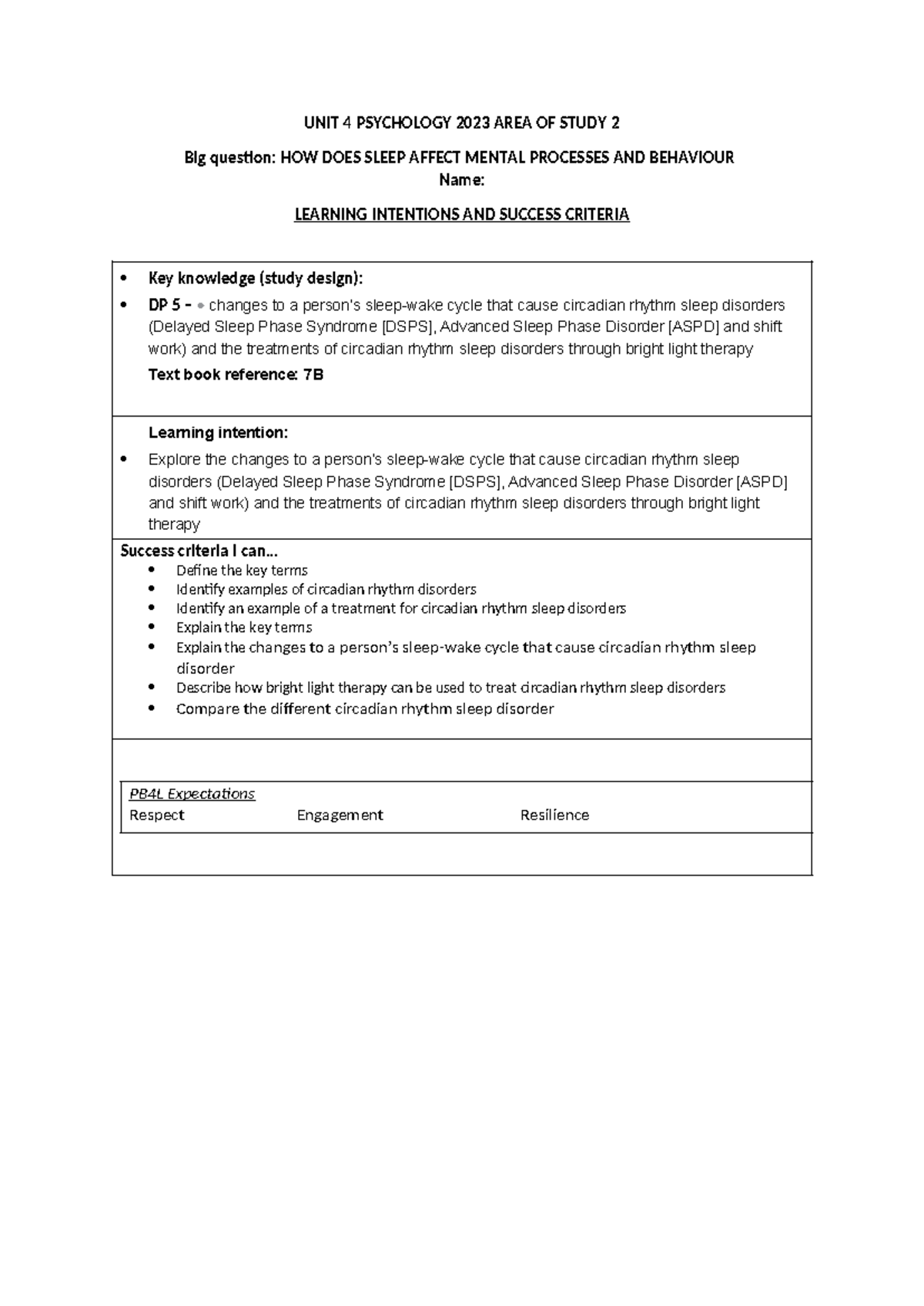 U4 AOS 1 DP 5 activity sheet 2024 - UNIT 4 PSYCHOLOGY 2023 AREA OF ...