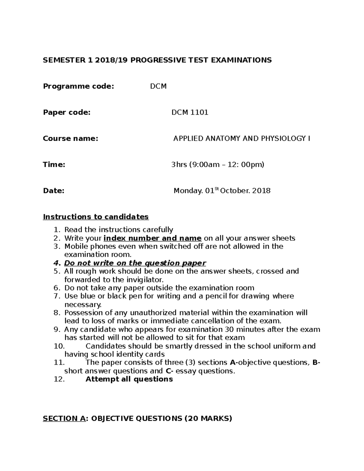 Anatomy Progressive questions for continuous assesment - SEMESTER 1 ...