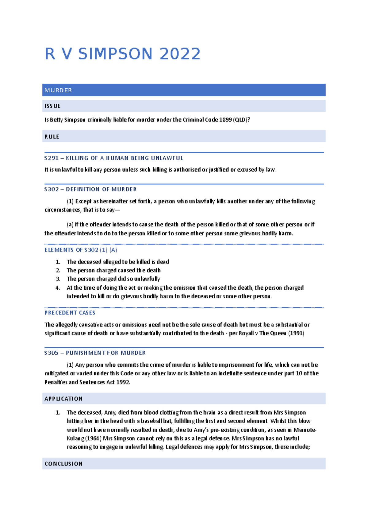 Legal Studies exemplar - R V SIMPSON 2022 MURDER ISSUE Is Betty Simpson ...