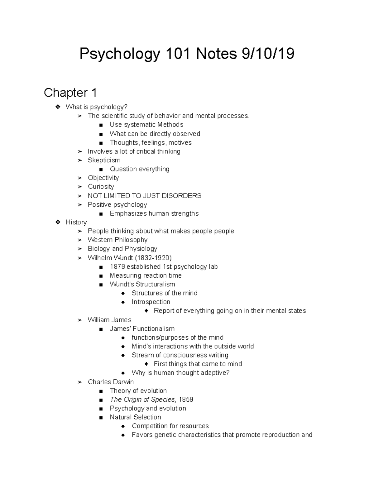 Psychology Notes 9 10 2019 - Psychology 101 Notes 9/10/ Chapter 1 What ...