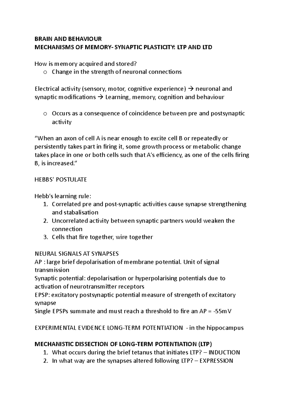 LTP and LTD 1 BB - LTP and LTD - PLASTICITY AND MEMORY - BRAIN AND ...