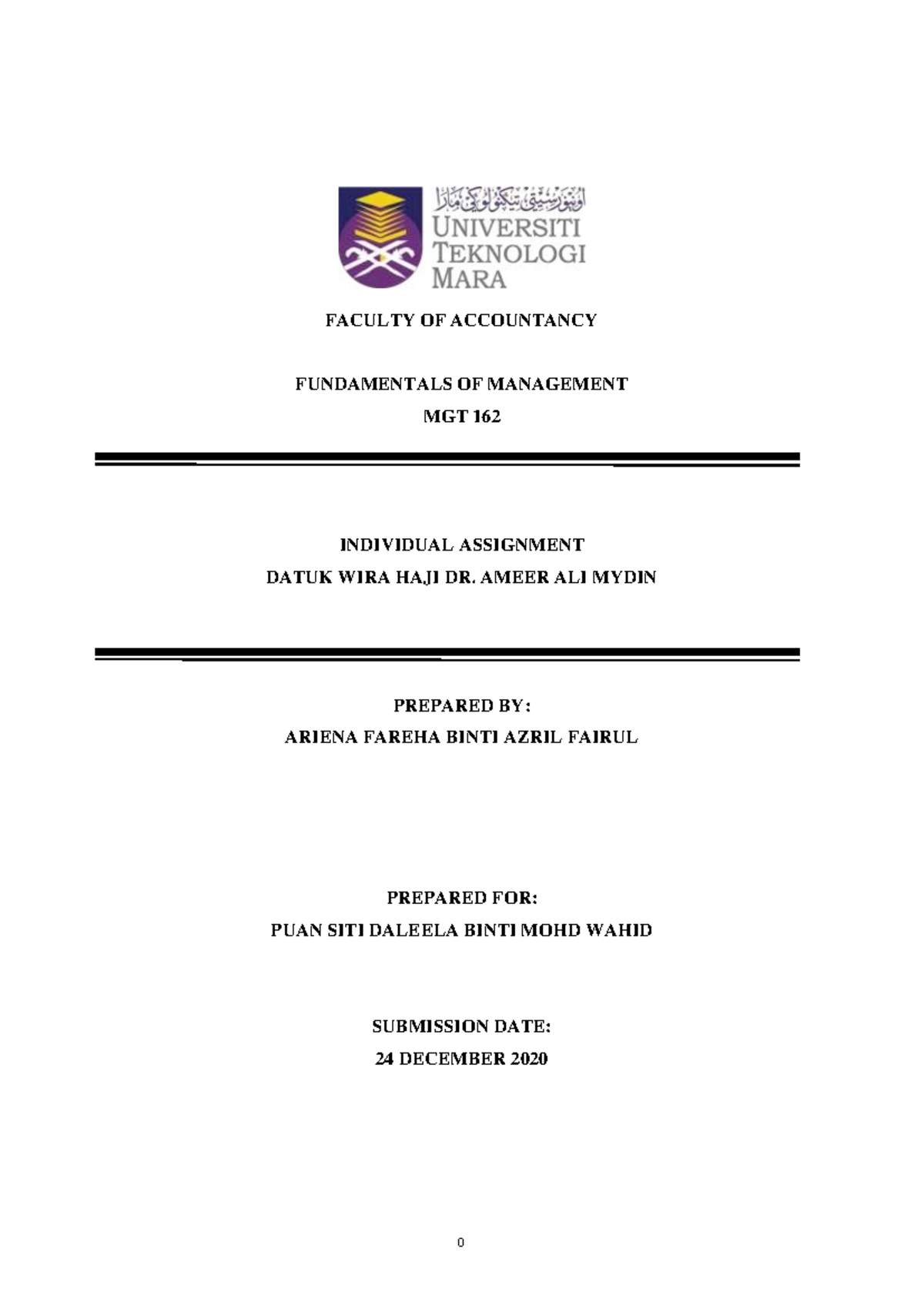 Datuk WIRA Mydin ( MGT162 ) - FACULTY OF ACCOUNTANCY FUNDAMENTALS OF ...