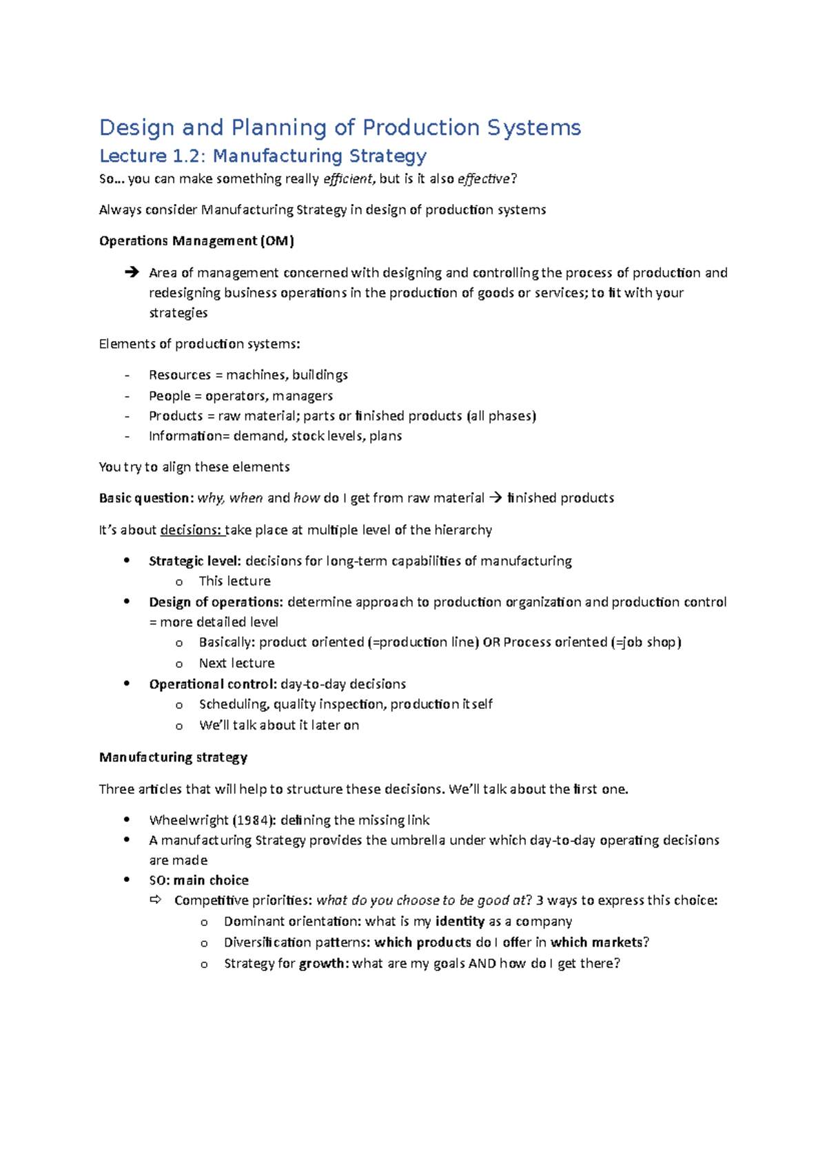 Design and Planning of Production Systems - notes - Design and Planning ...