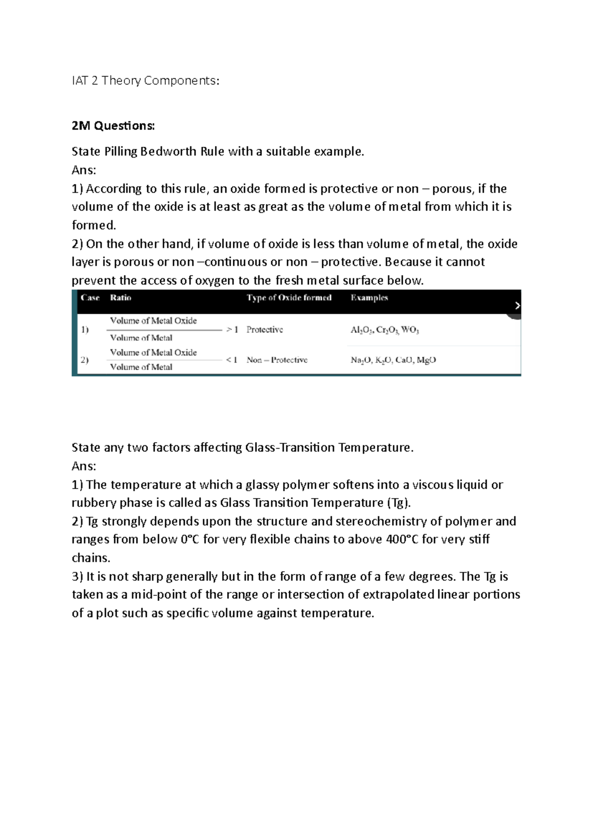 IAT 2 Chem Theory - IAT 2 Theory Components: 2M Questions: State Pilling Bedworth Rule with a ...
