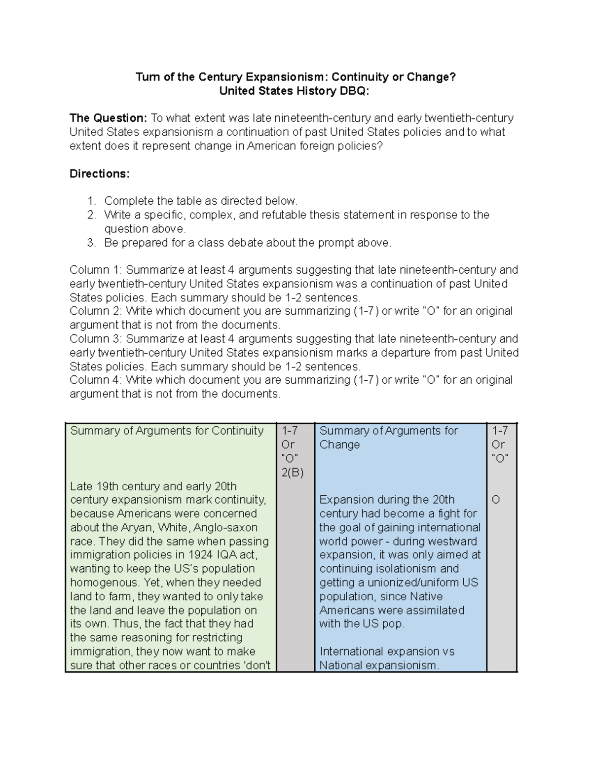 DBQ Imperialism Processing Activity - Turn of the Century Expansionism ...