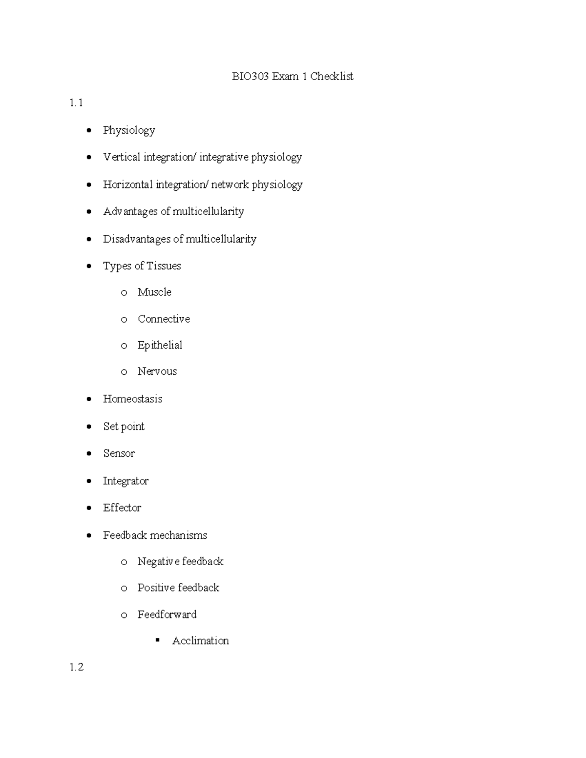BIO303 Exam 1 Checklist - BIO303 Exam 1 Checklist 1. Physiology ...