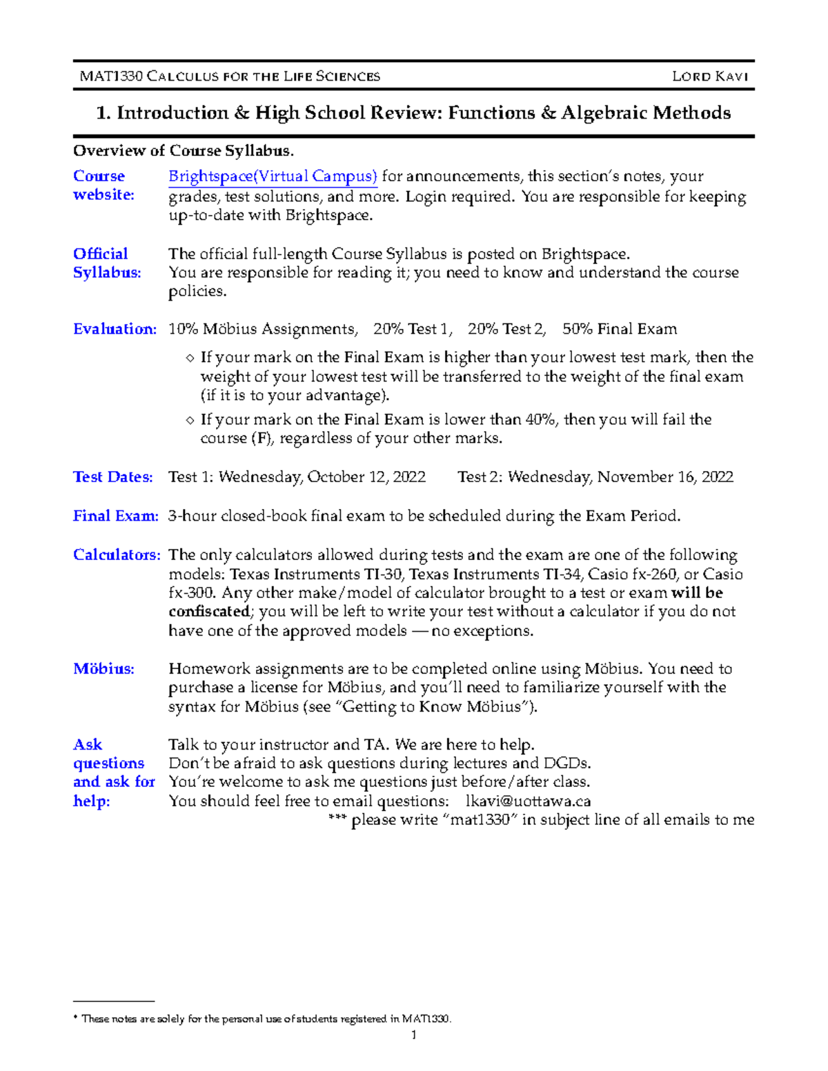 Calc notes 1 - chem lab - MAT1330 CALCULUS FOR THE LIFE SCIENCES LORD ...