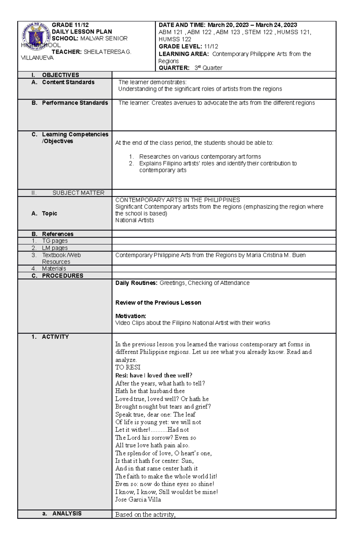 CPAR DLP3rdweek 1125 - GRADE 11/ DAILY LESSON PLAN SCHOOL: MALVAR ...