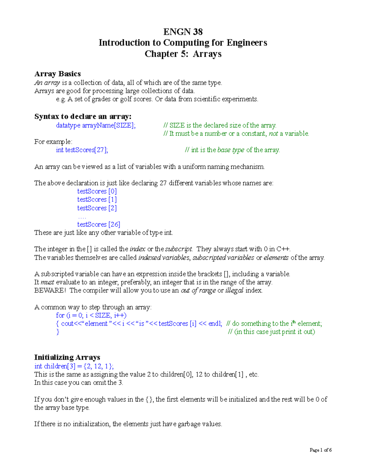 Arrays Summary Wendy Kaufmyn Engn 38 Introduction To Computing For Engineers Chapter 5 