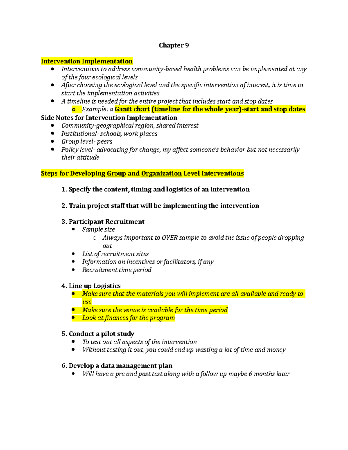 Chapter 9 Notes - Dr.Dunn - Chapter 9 Intervention Implementation ...