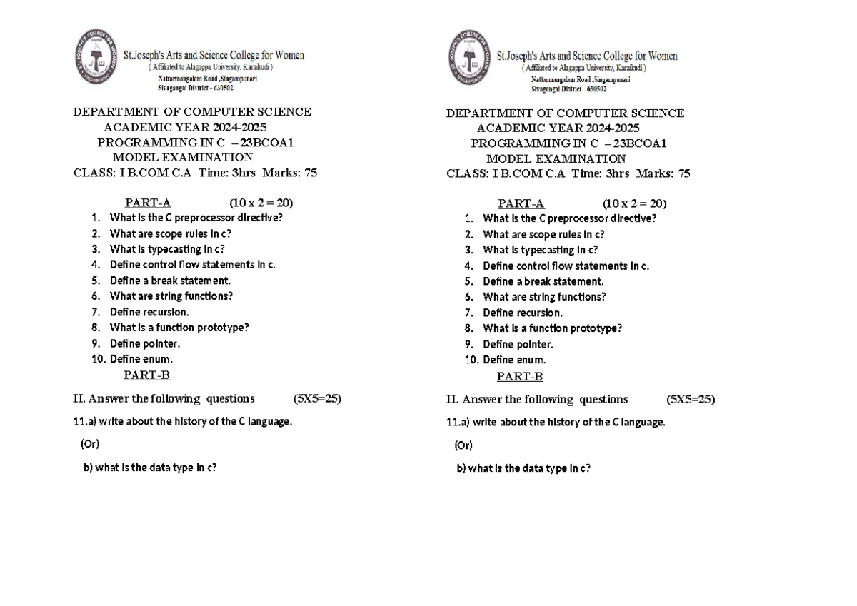 B.com ca - practice questions - DEPARTMENT OF COMPUTER SCIENCE ACADEMIC ...