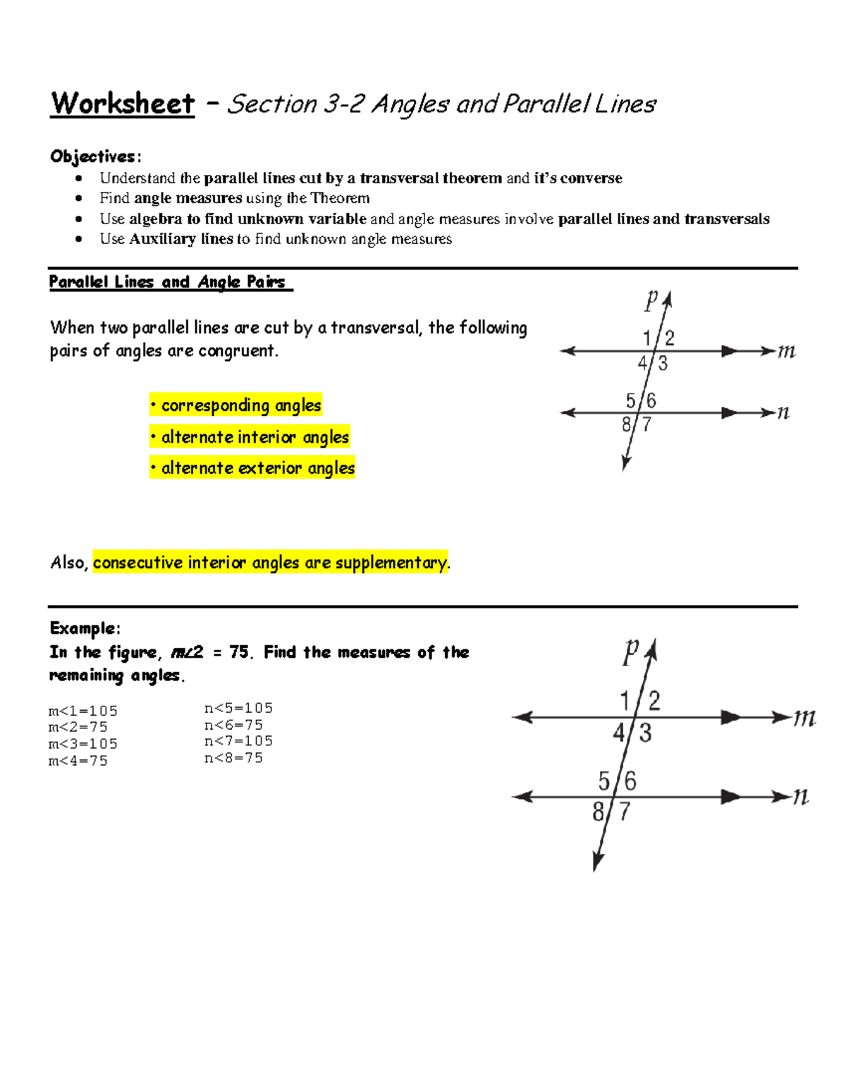 Worksheet Section 32 Angles and Parallel Lines - Worksheet – Section 3 ...