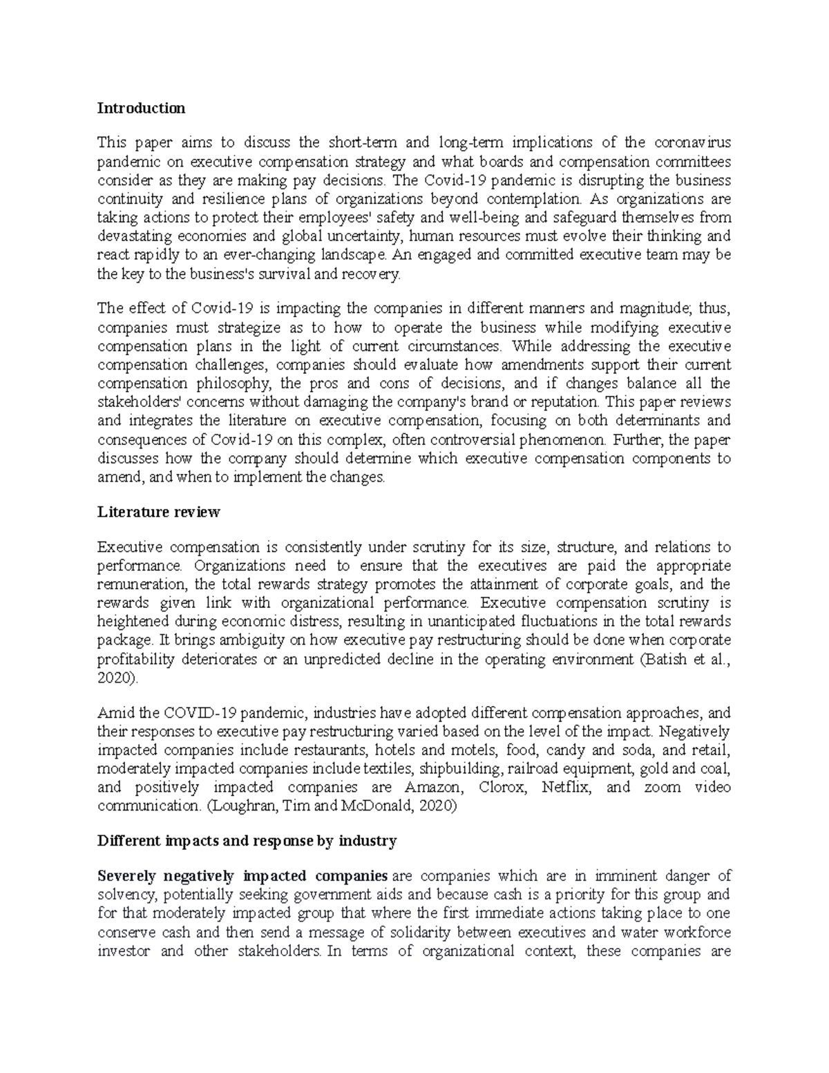 Compensation - Final Paper - Introduction This paper aims to discuss ...