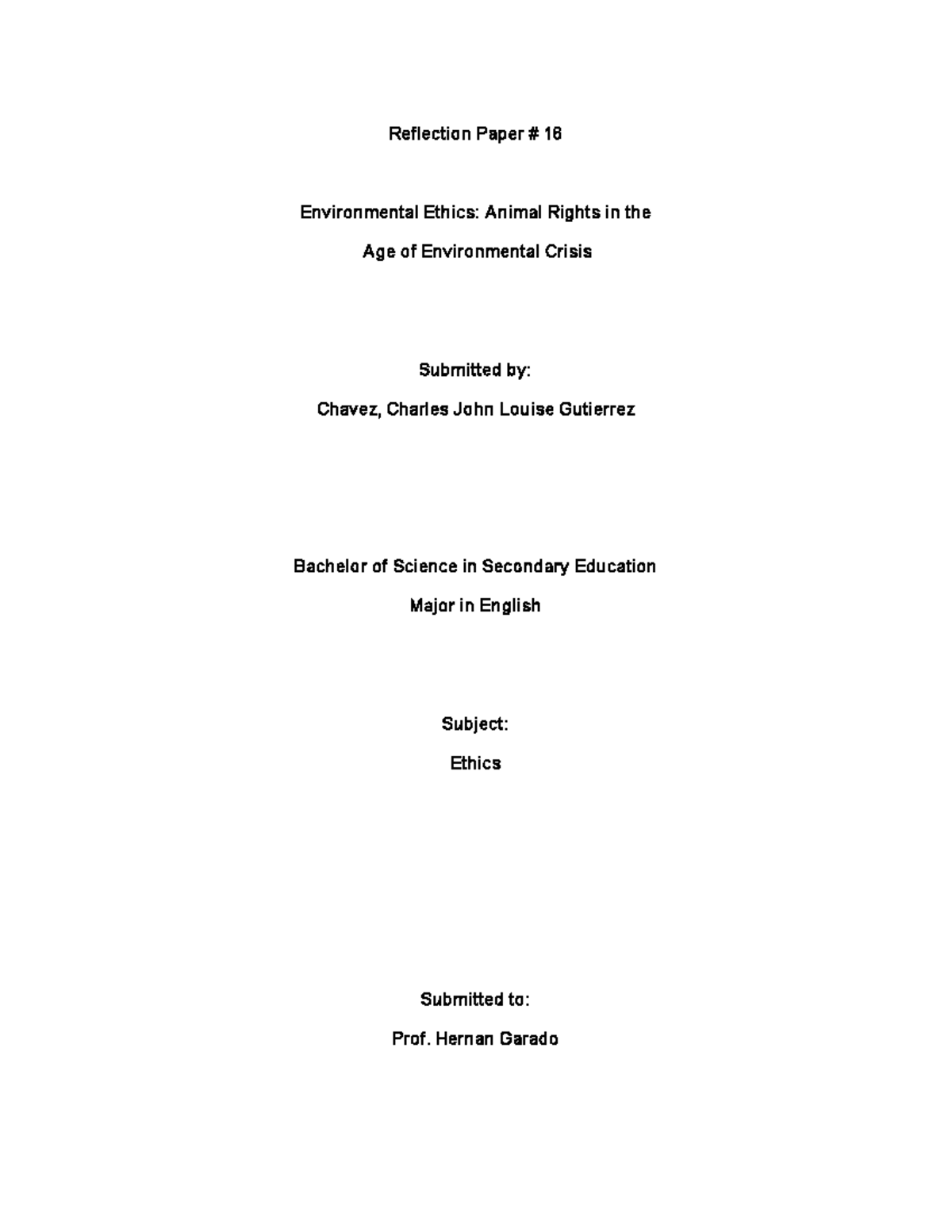 (REF Paper 16 Environmental Ethics) - Reflection Paper # 16 ...