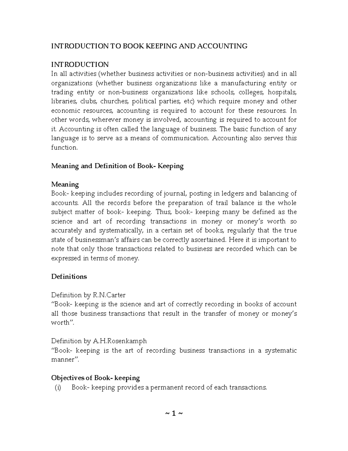 1. Introduction to BOOK Keeping AND Accounting - INTRODUCTION TO BOOK ...