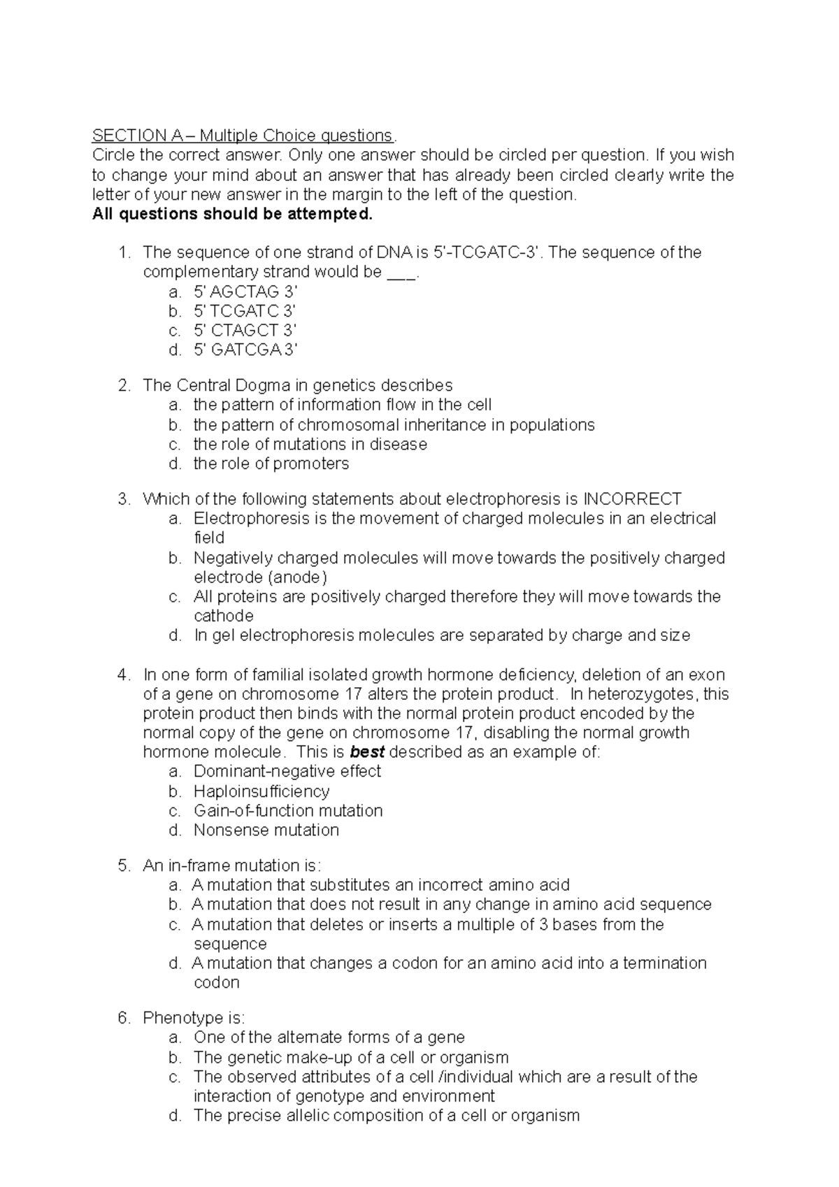 Applied genetics Past paper Set C MCQs - SECTION A – Multiple Choice ...