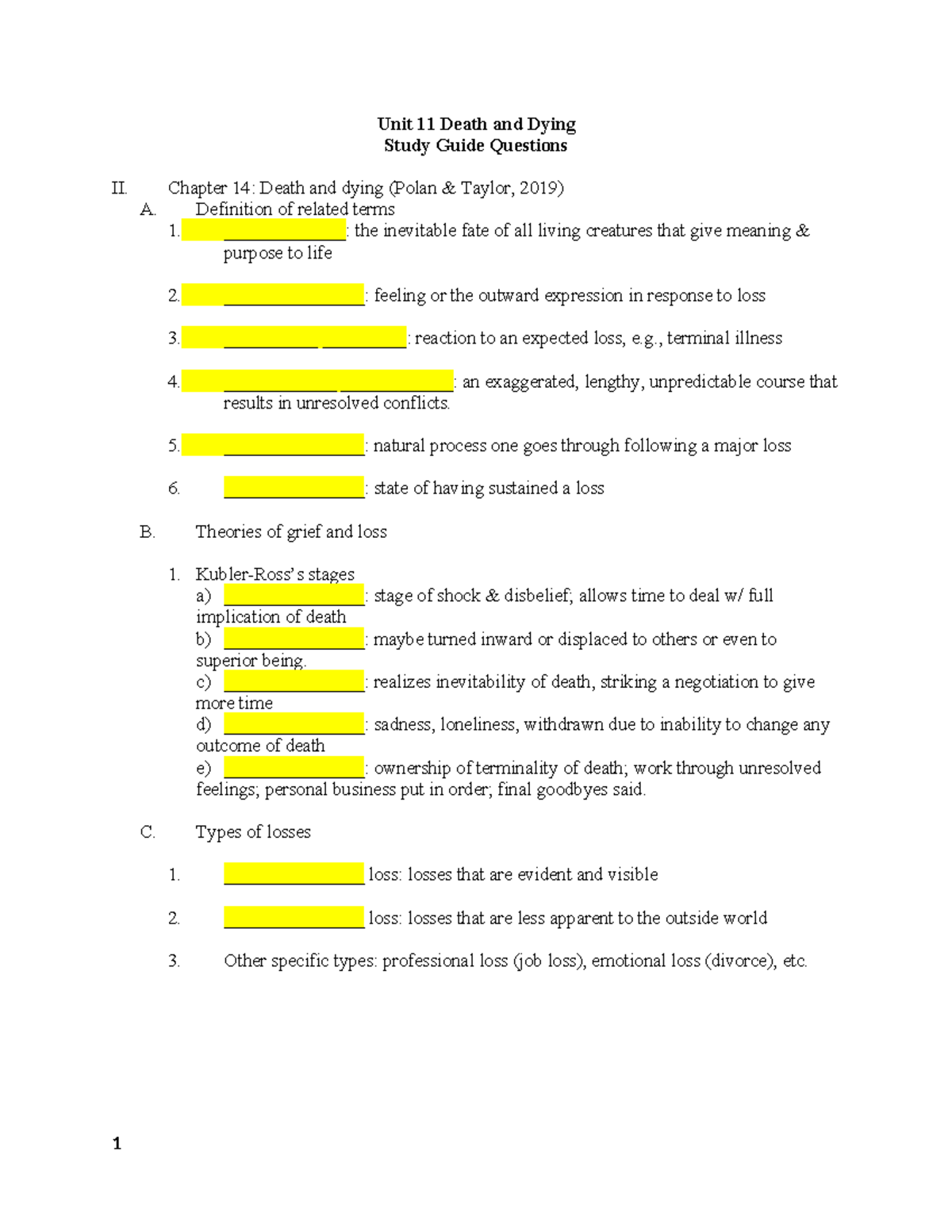 Unit 11 Study Guide - Unit 11 Death and Dying Study Guide Questions II ...