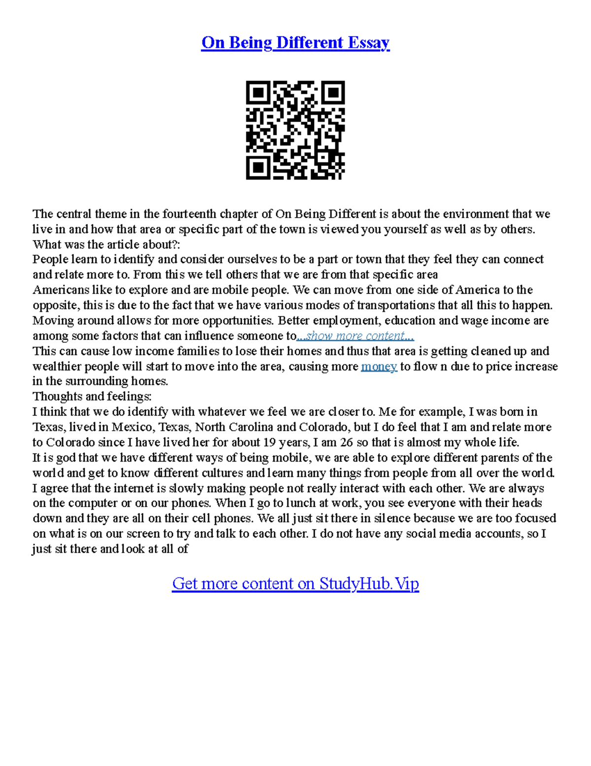 Essay On Different Topics - On Being Different Essay The central theme ...