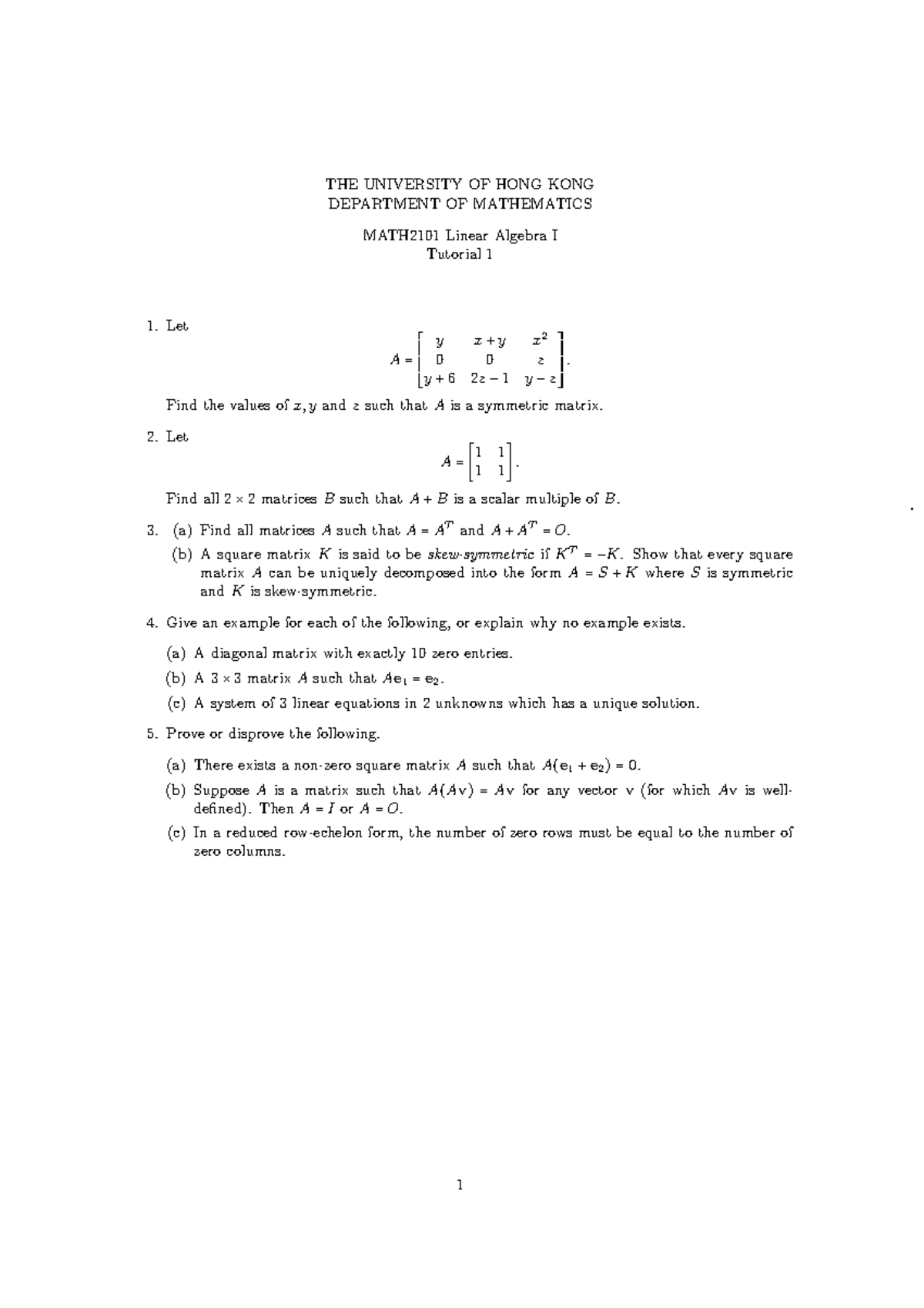 tutorial exercise 1-11 of math2101 linear algebra in hku 2022-2023 ...