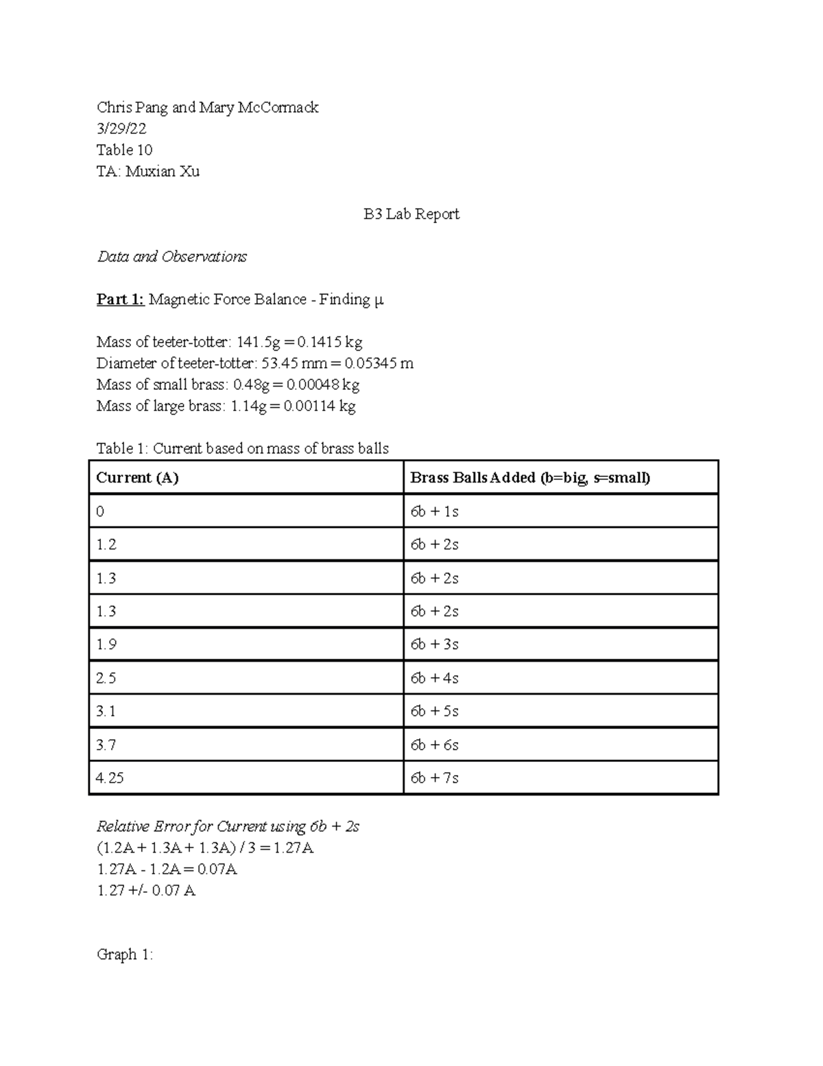 B3 lab report - physics II lab - Chris Pang and Mary McCormack 3/29/ Table 10 TA: Muxian Xu B3 ...