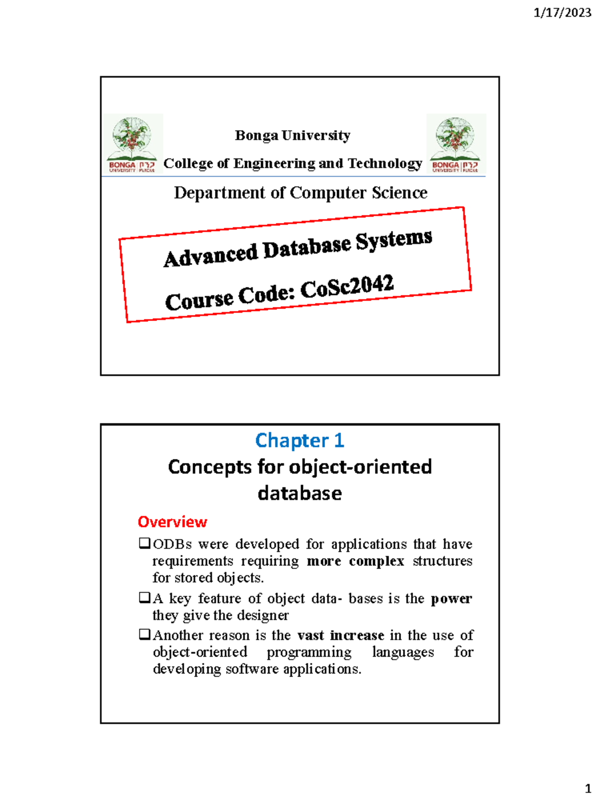 2.1 Advanced database Systems - 1 Bonga University College of Engineering and Technology ...