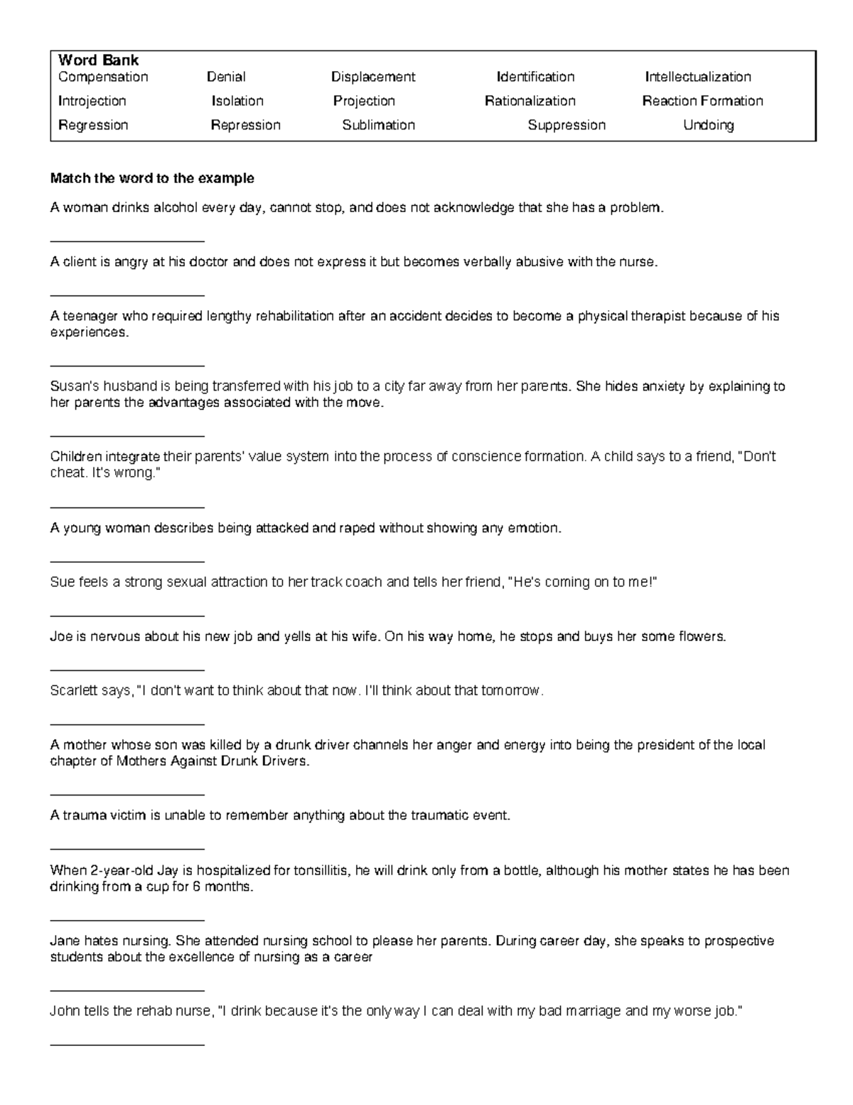 Ego Defense Examples - Word Bank Compensation Denial Displacement ...