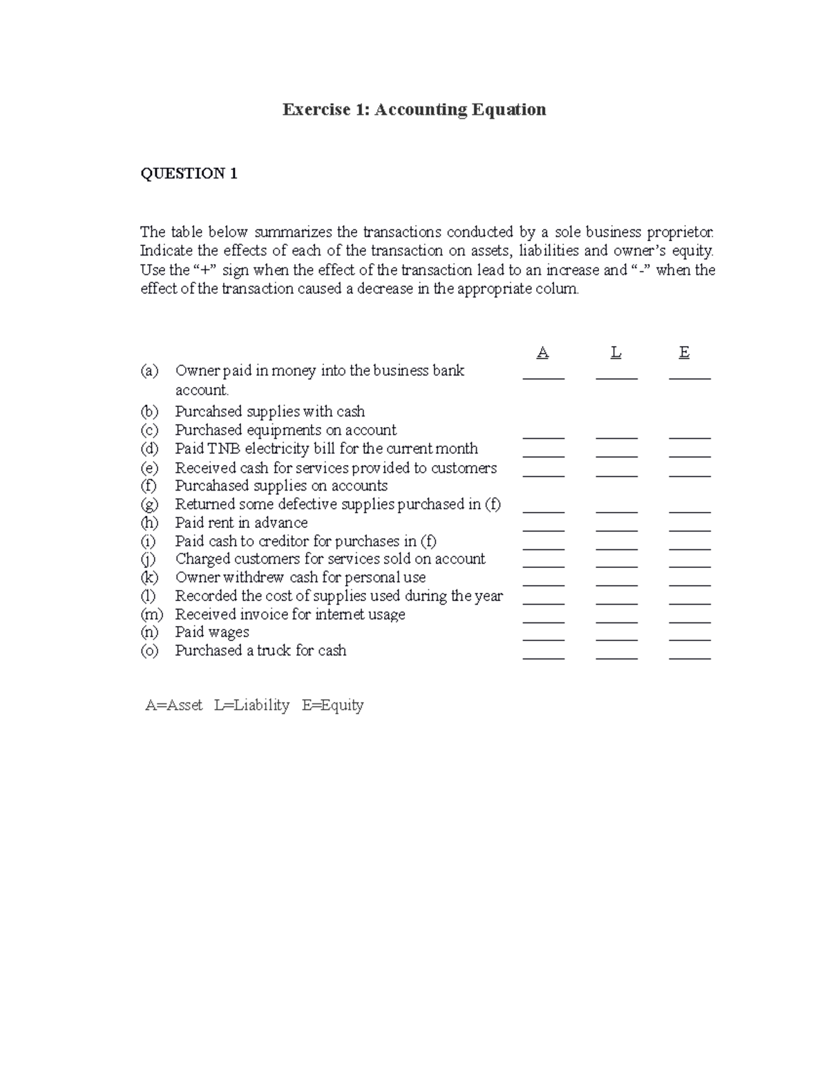 Exercise 1 Accounting Equation - Exercise 1: Accounting Equation ...