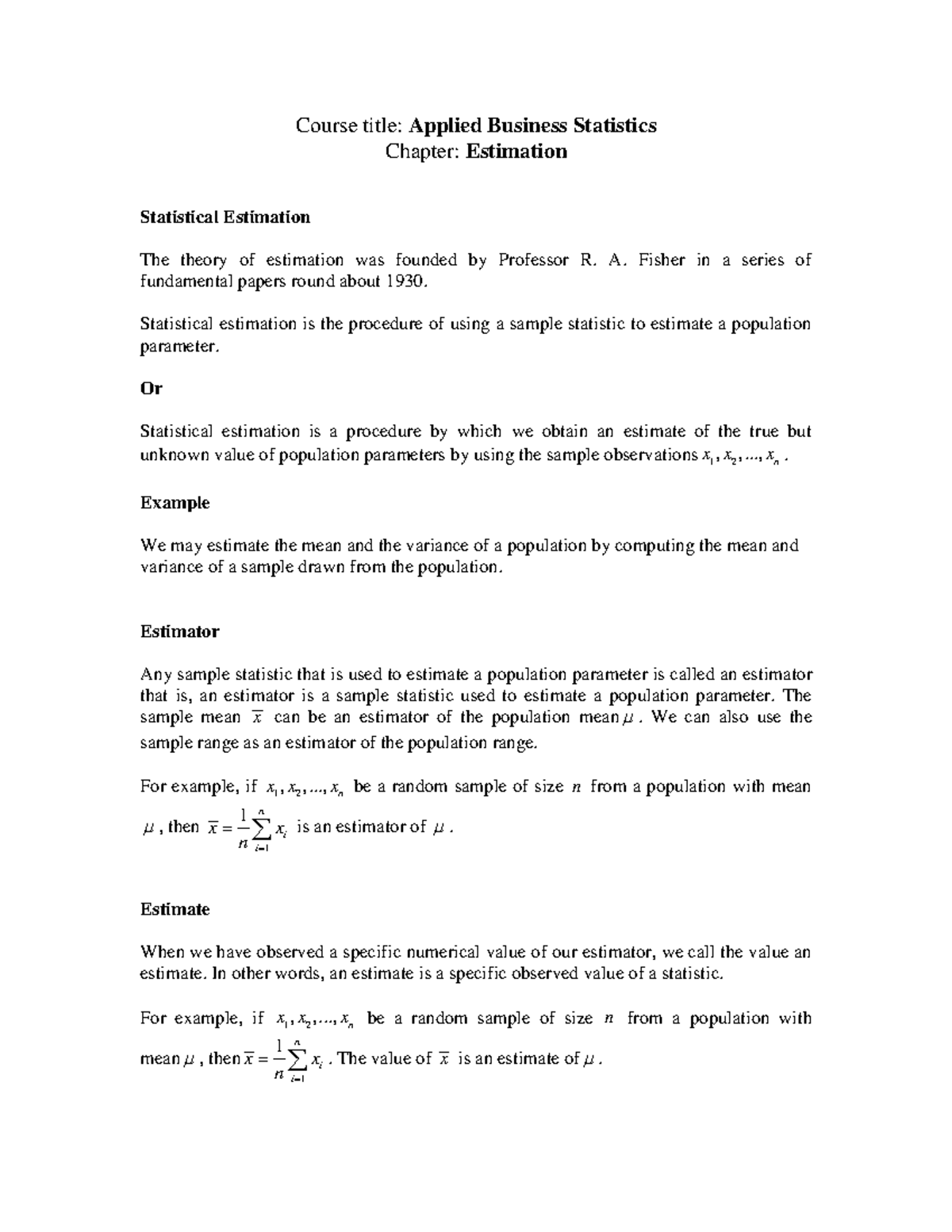 Statistics Manual - Course title: Applied Business Statistics Chapter ...