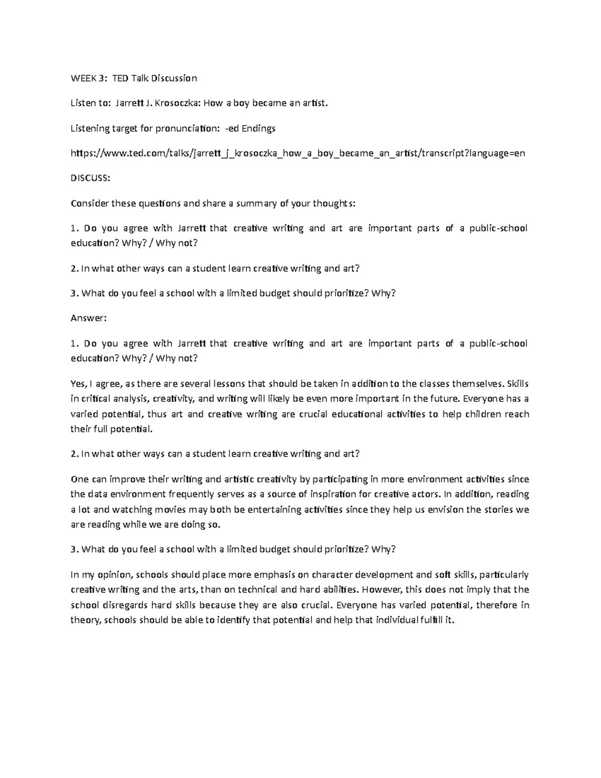 WEEK 3 TED talk discussion - WEEK 3: TED Talk Discussion Listen to ...