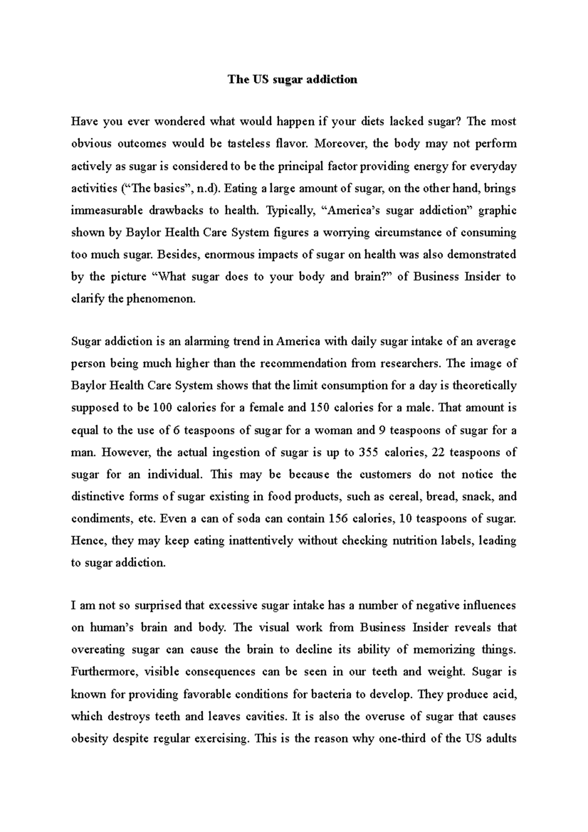 Reaction Essay Sample - The US sugar addiction Have you ever wondered ...